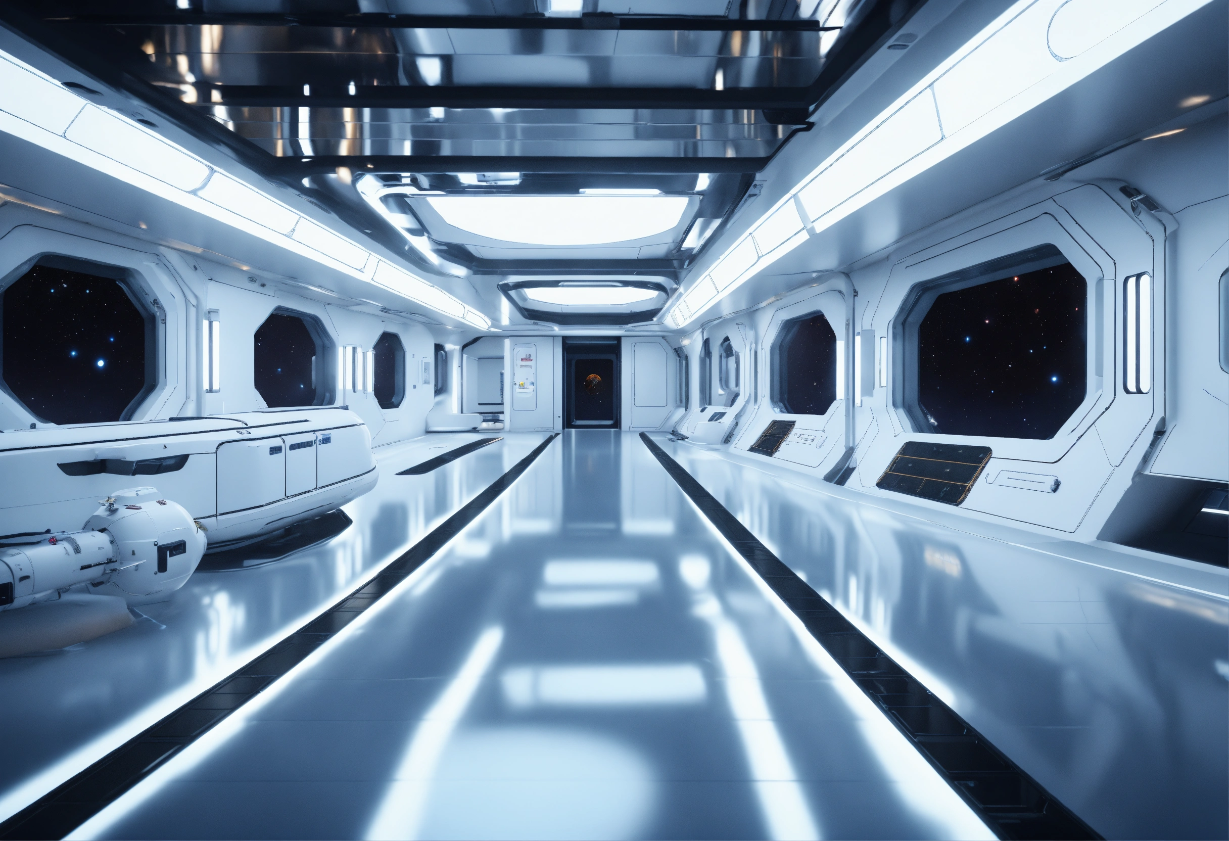 Lexica - Zoom out on a huge modern style white commercial space station ...