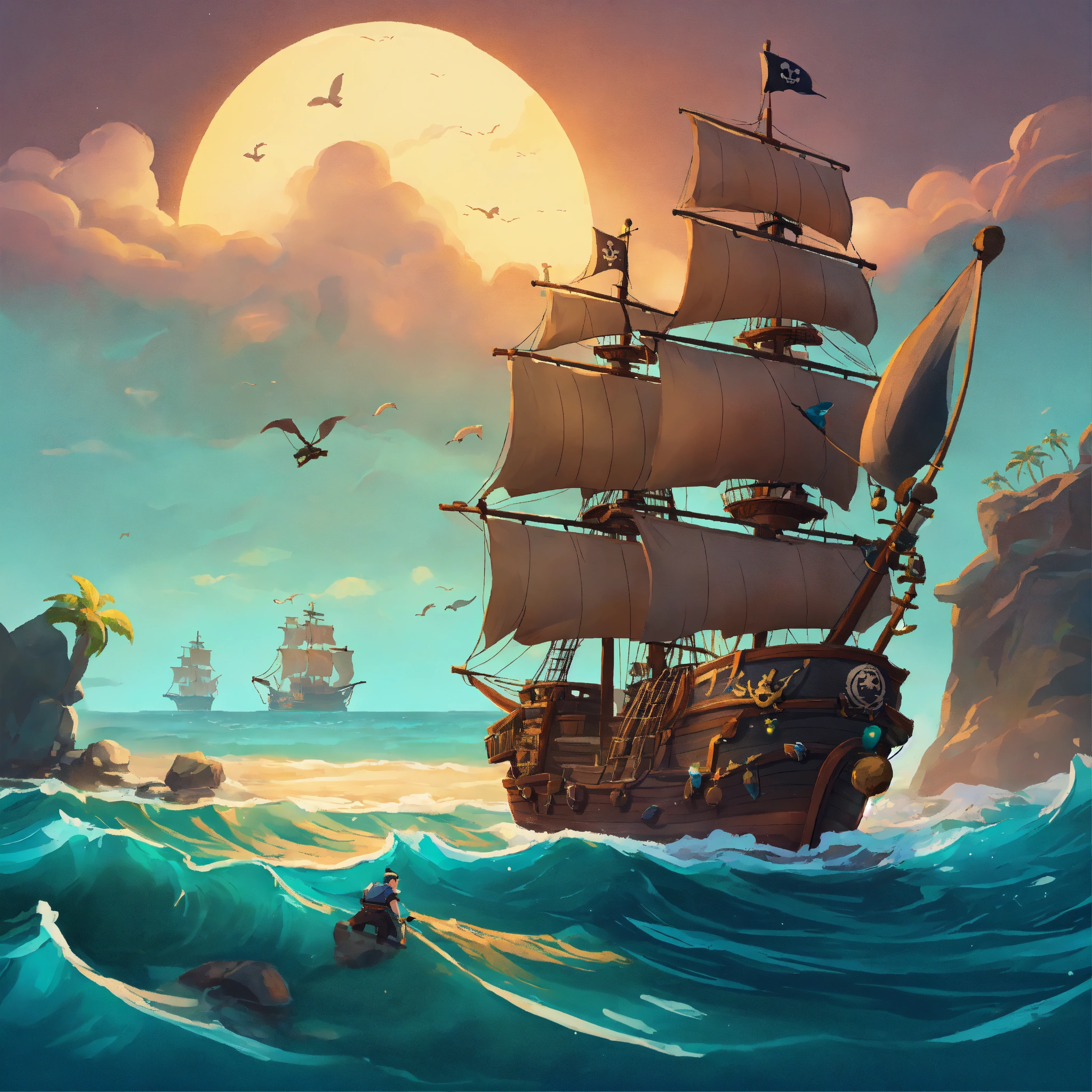 Lexica - Ocean and pirate ship in profile, detailed hand illustration ...