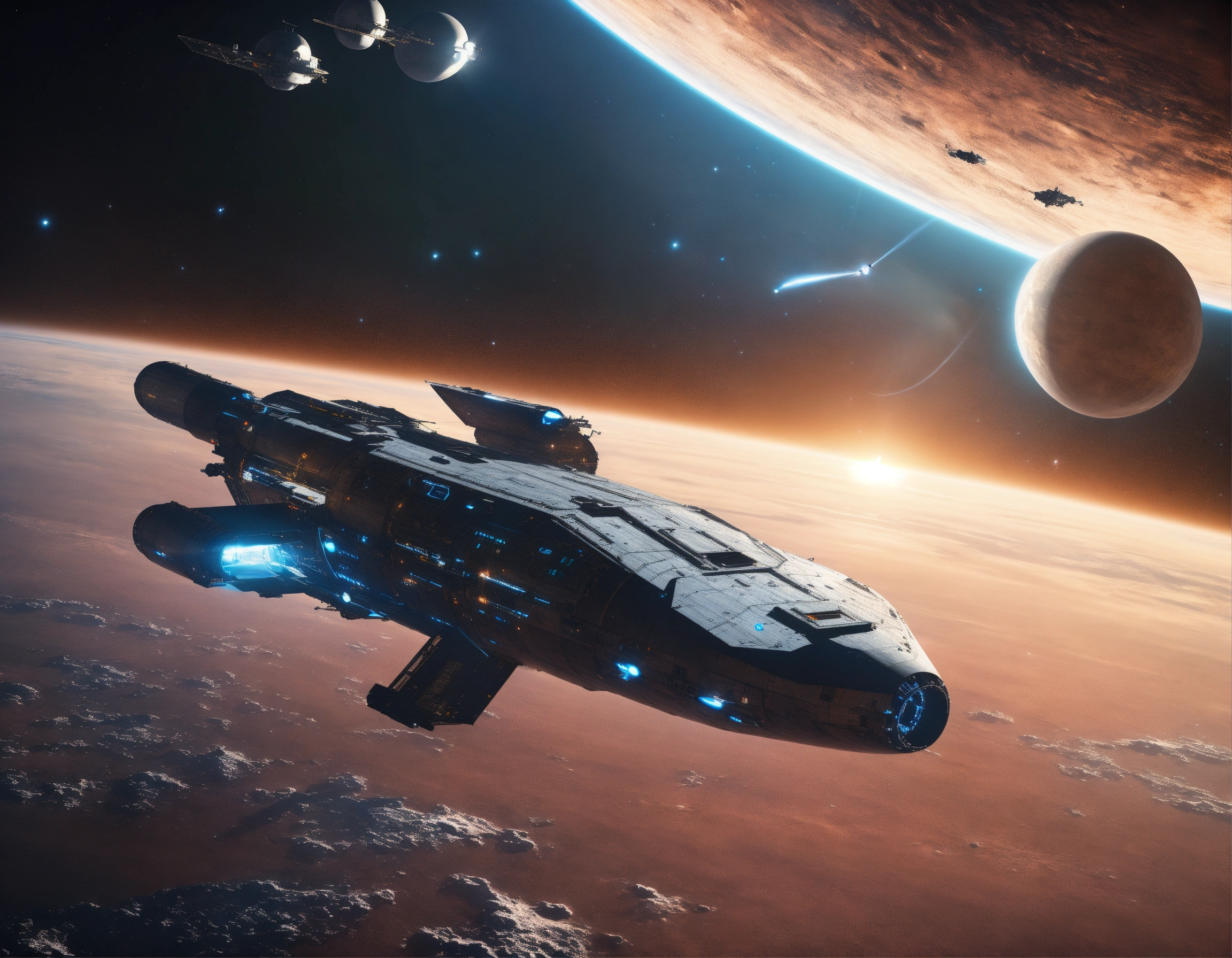 Lexica - Futuristic space craft from rear flying through space toward a ...