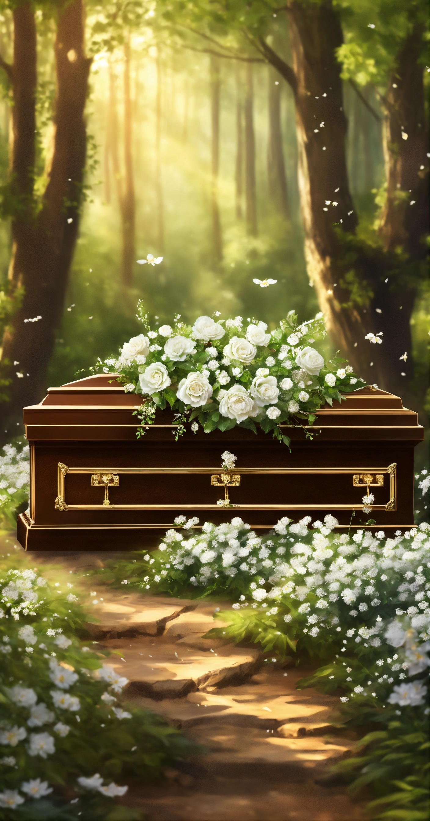 Lexica - Drawing coffin surrounded by white flowers, realistic forest ...