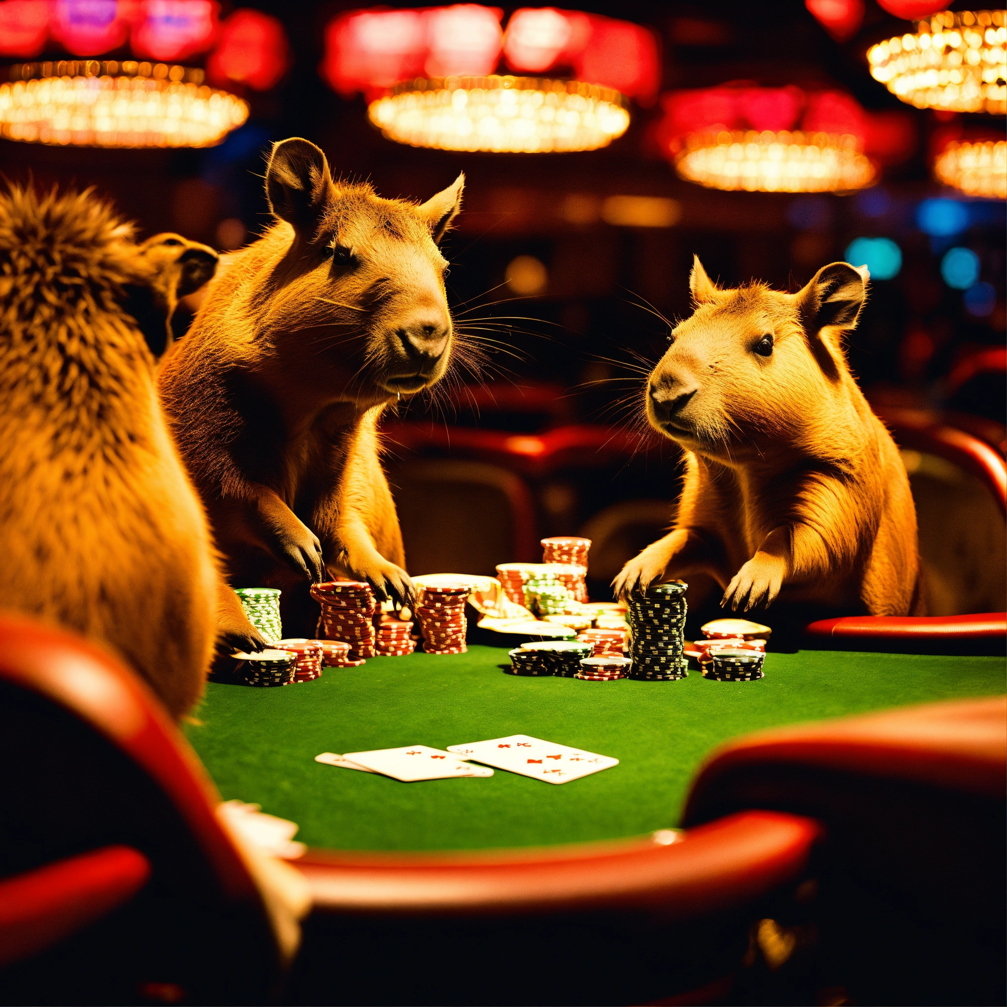 Lexica - Photo of a group of capybaras playing cards in a casino in Las ...