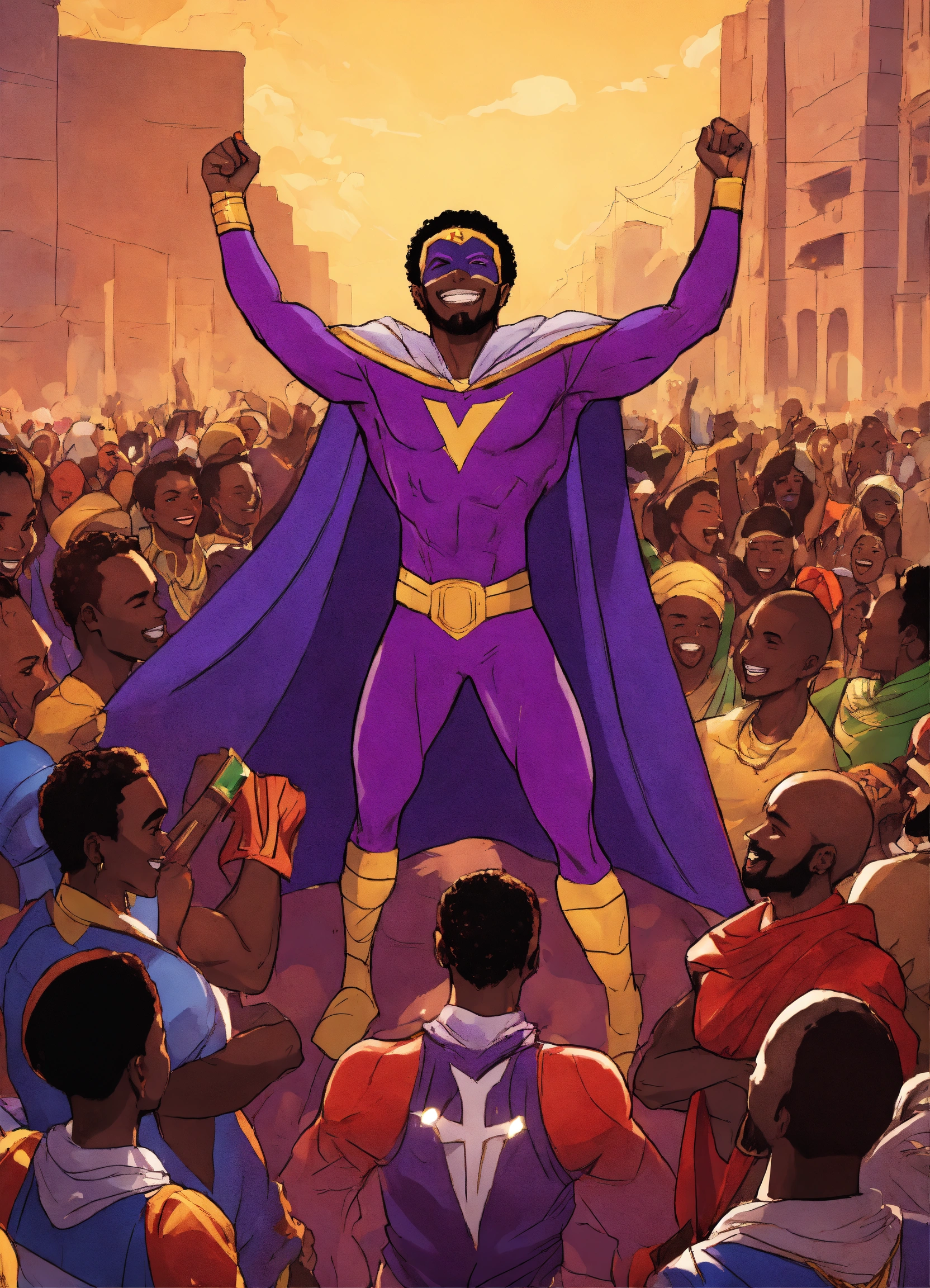 Lexica - An Ethiopian purple costume superhero person surrounded by a ...