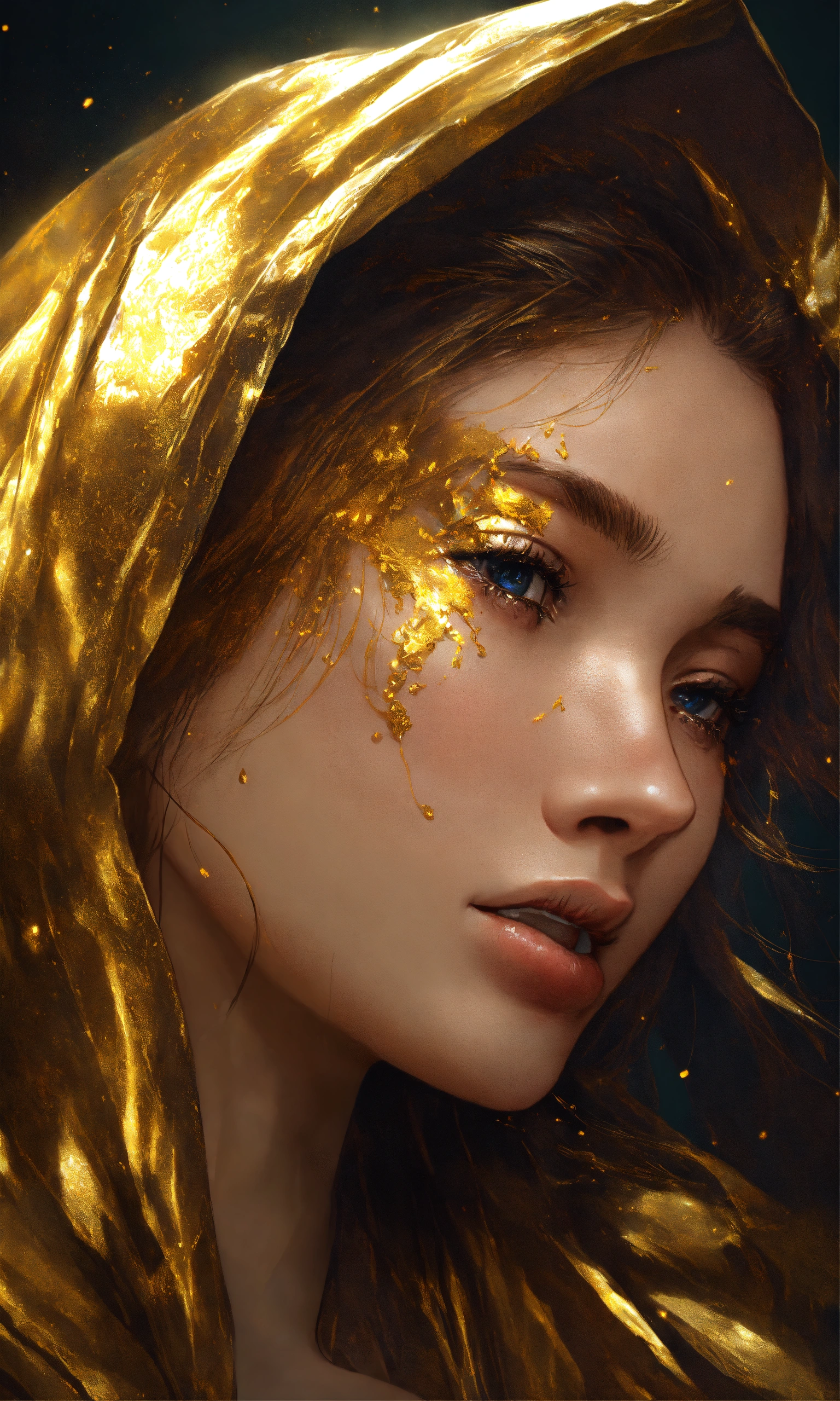 Lexica - Beatiful woman, close up, tear running down cheek, in tear pure gold, artstation