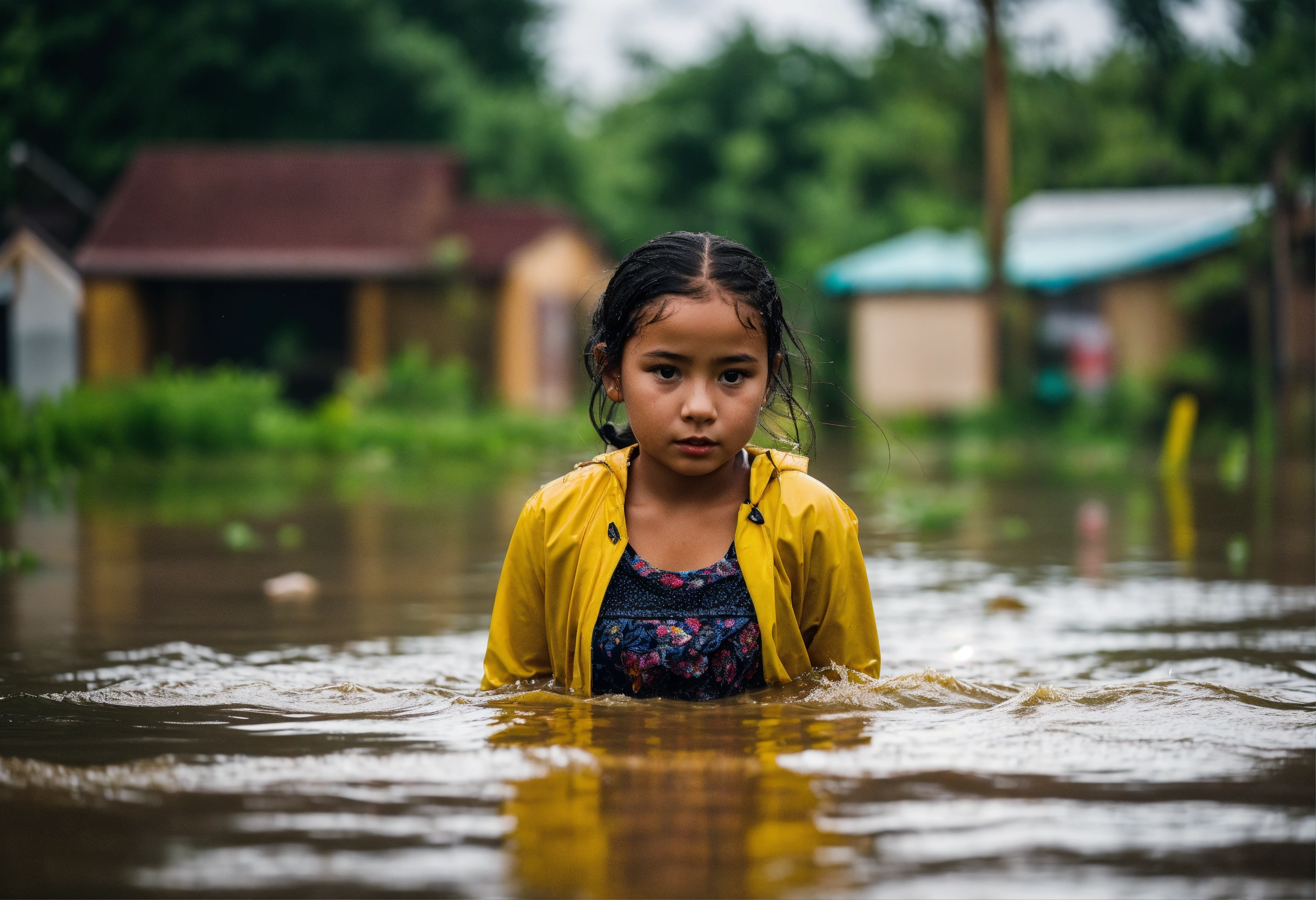 Lexica - A young girl stands up to her waist in flood water