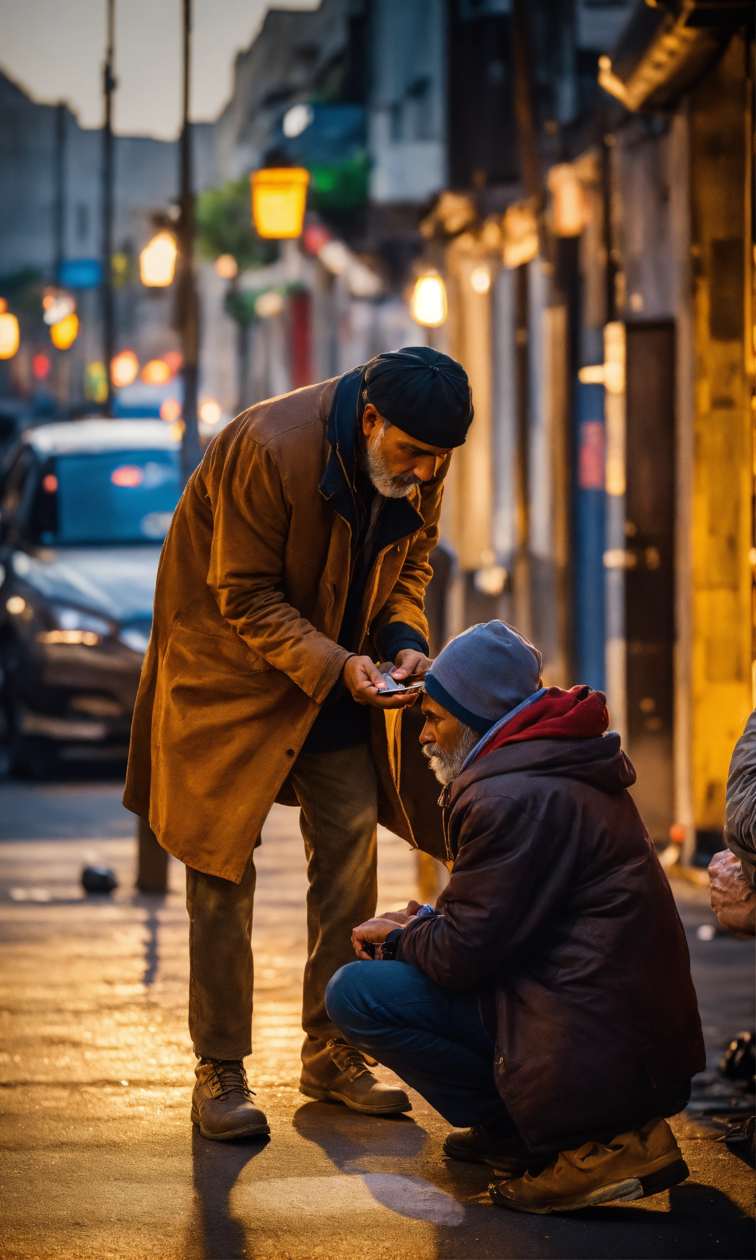 Lexica - A man helping a poor beggar in the street, surreal photo ...