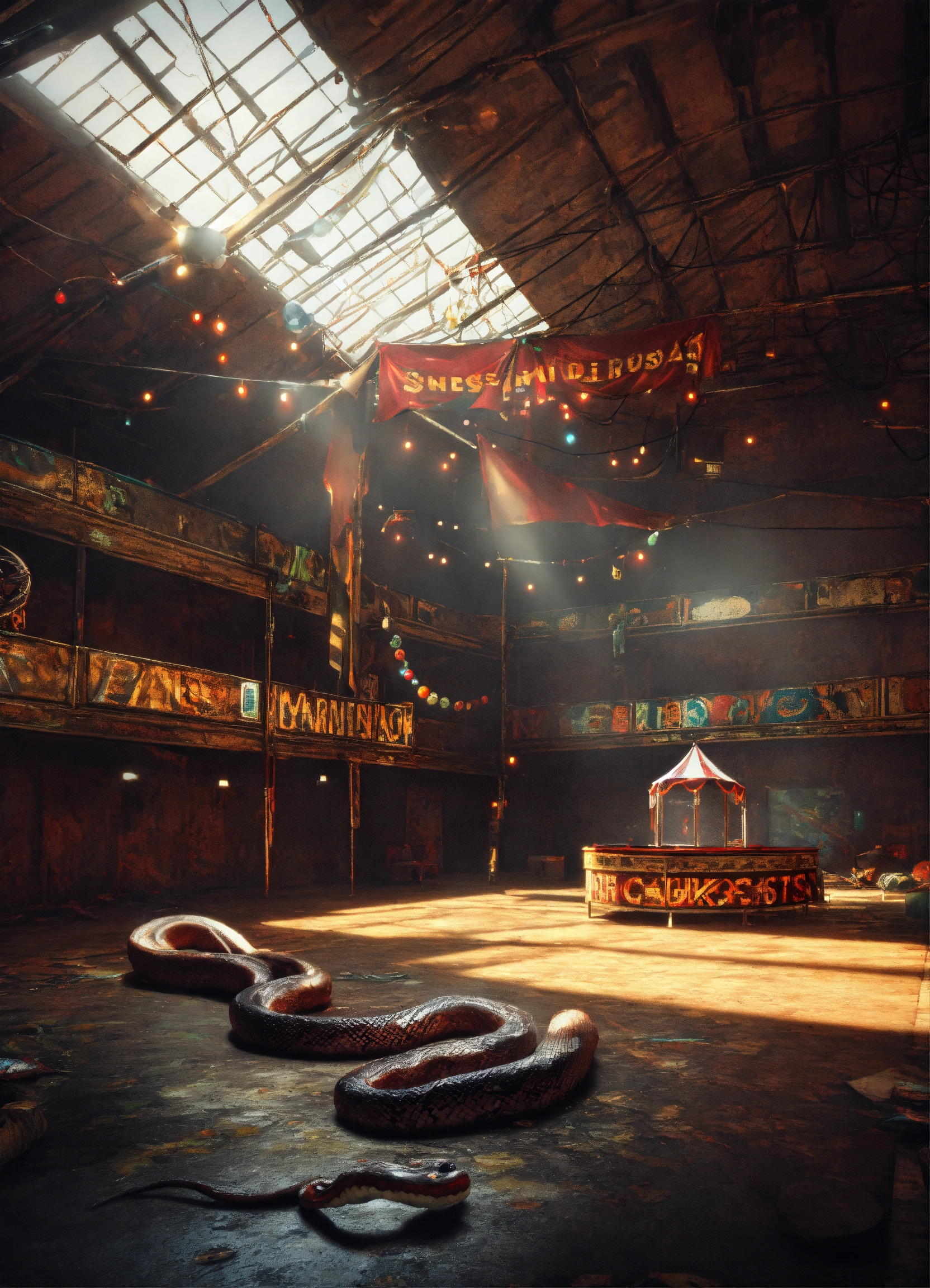Lexica - An abandoned warehouse circus, snakes on the floor edgy art, 8K, highly detailed ...