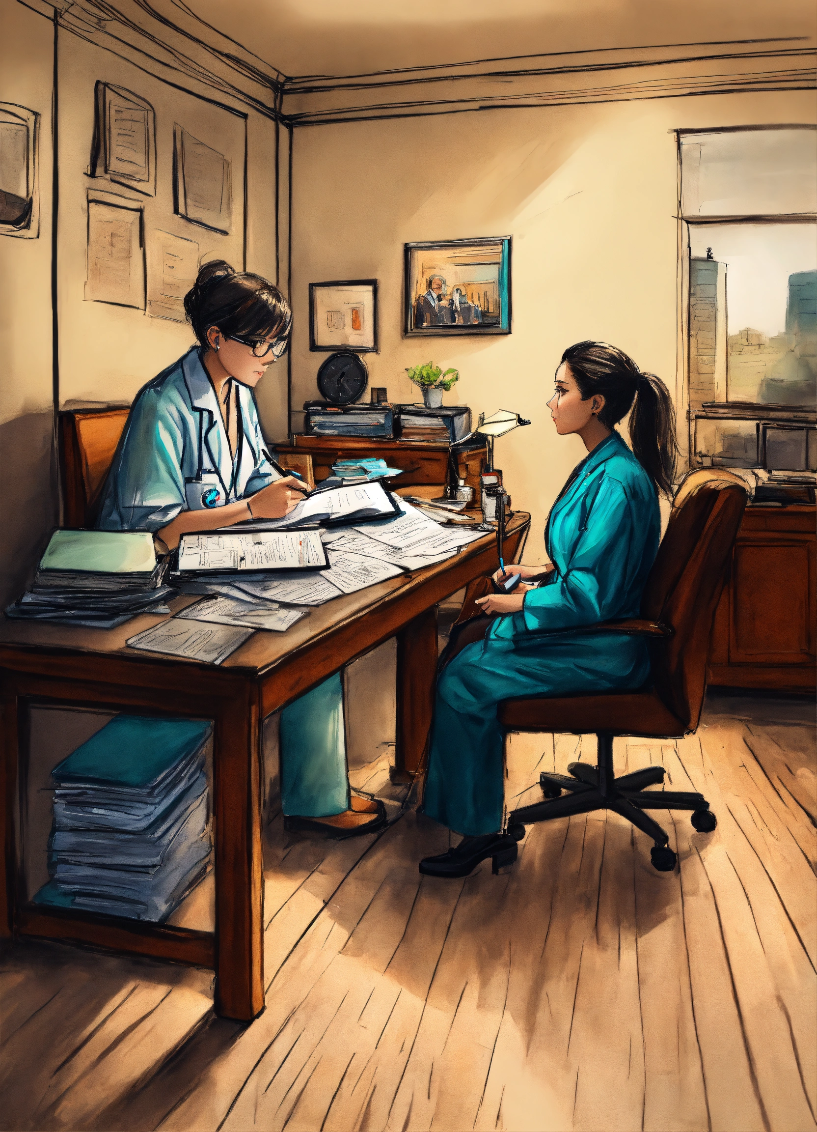 Lexica - A hand drawn painting of a psychiatrist conducting her session ...