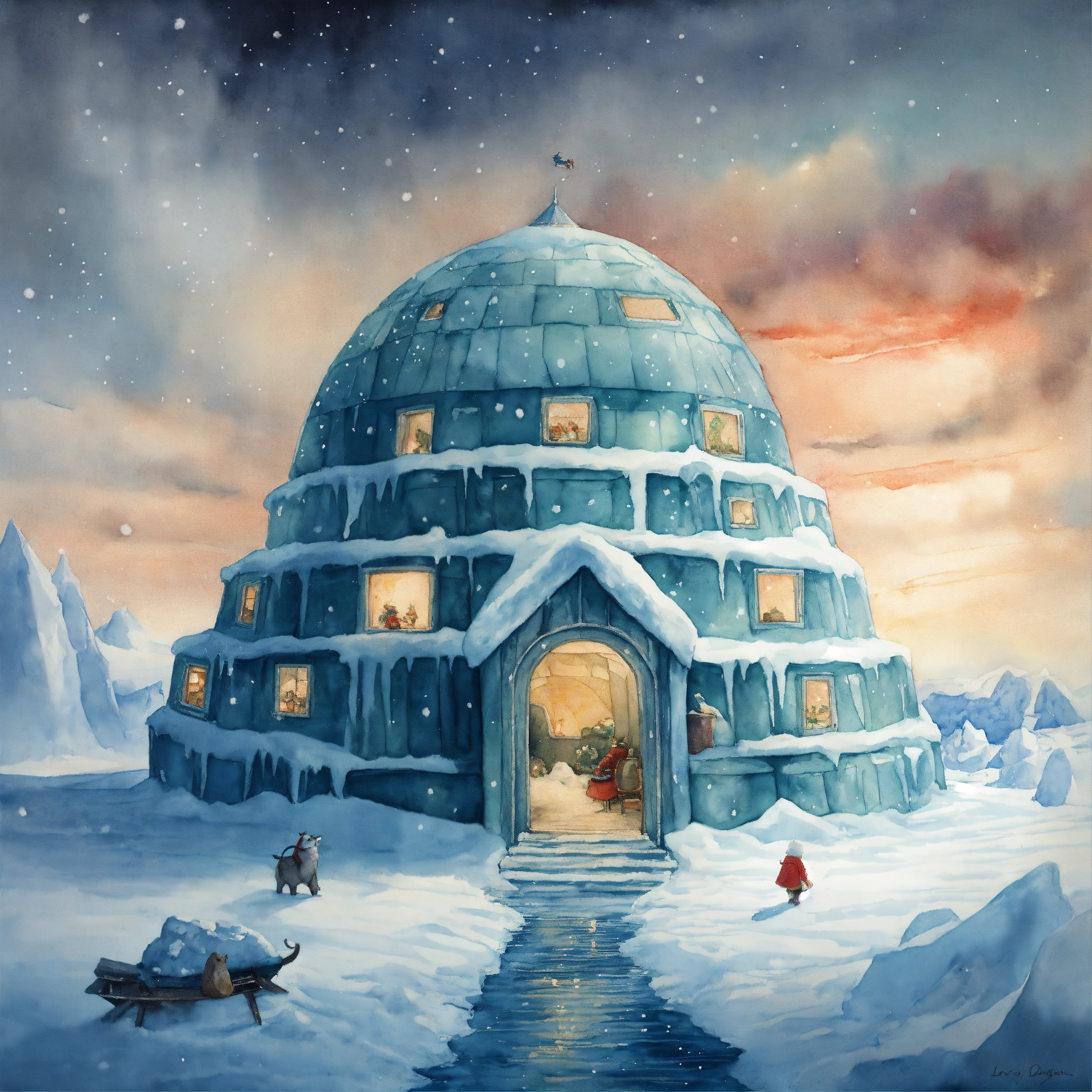 Lexica - A watercolor painting depicting an intricately detailed igloo ...