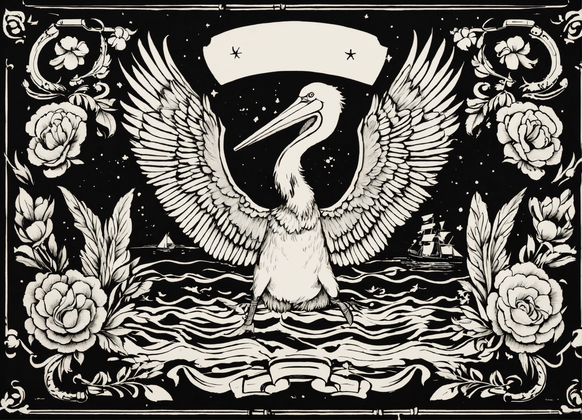 Lexica - Black and white, pelican flash tattoo, lucky horseshoe, white ...