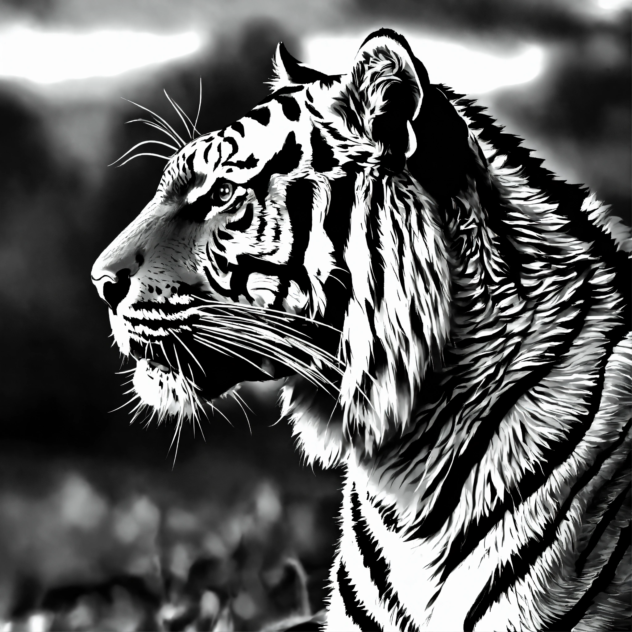 Lexica - Tiger profile side view looking sideways grayscale photo