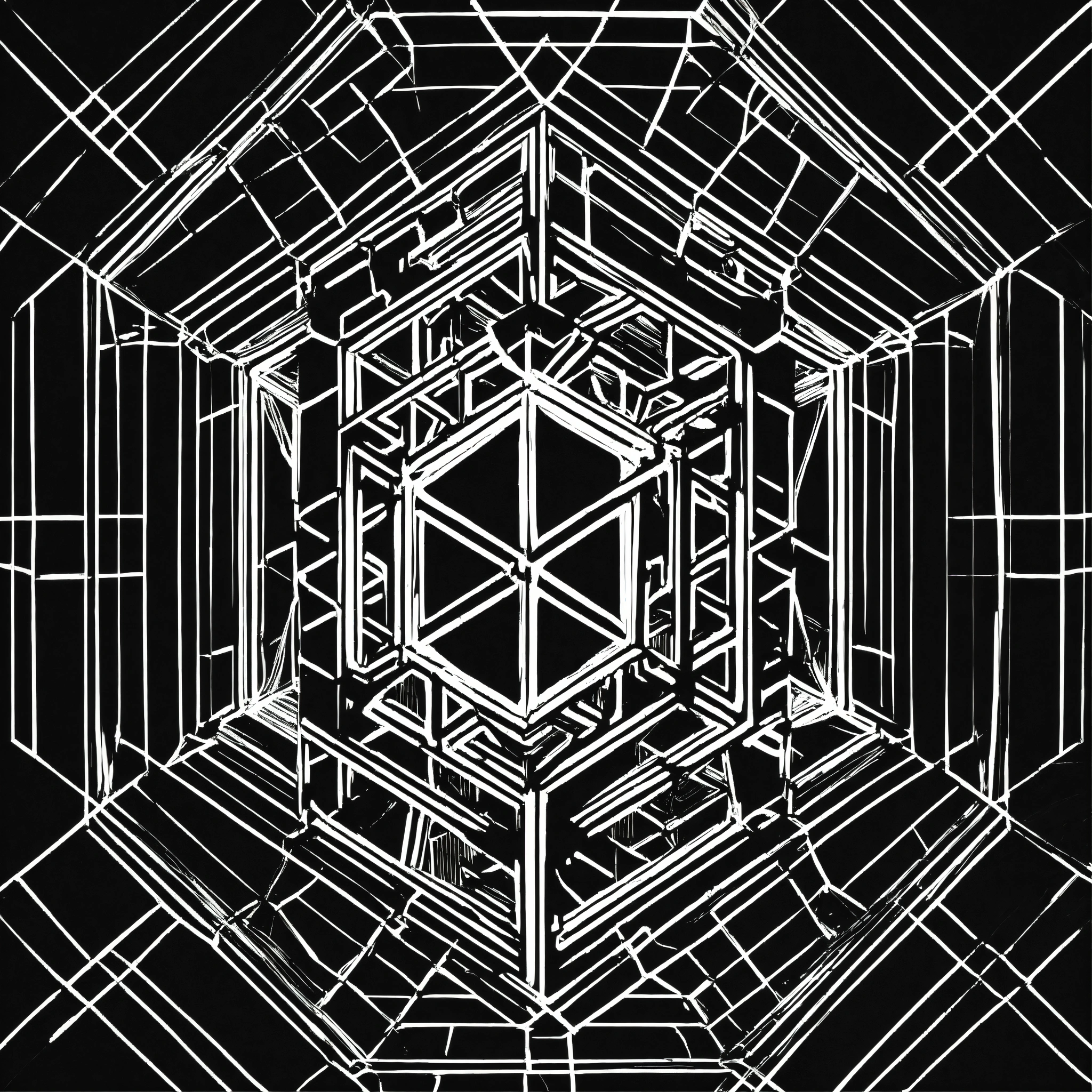 Lexica - Tesseract hypercube fratcal symbols, black and white