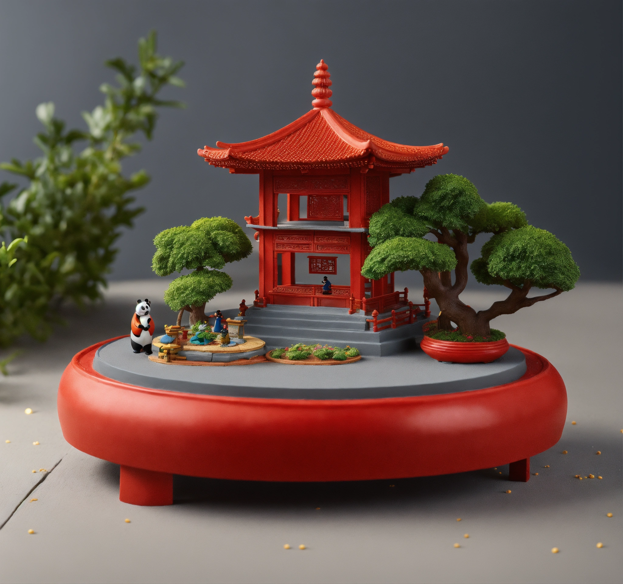 Lexica - Miniature Pagoda scene ornament on top of red disc platform. One huge Kung Fu Panda ...