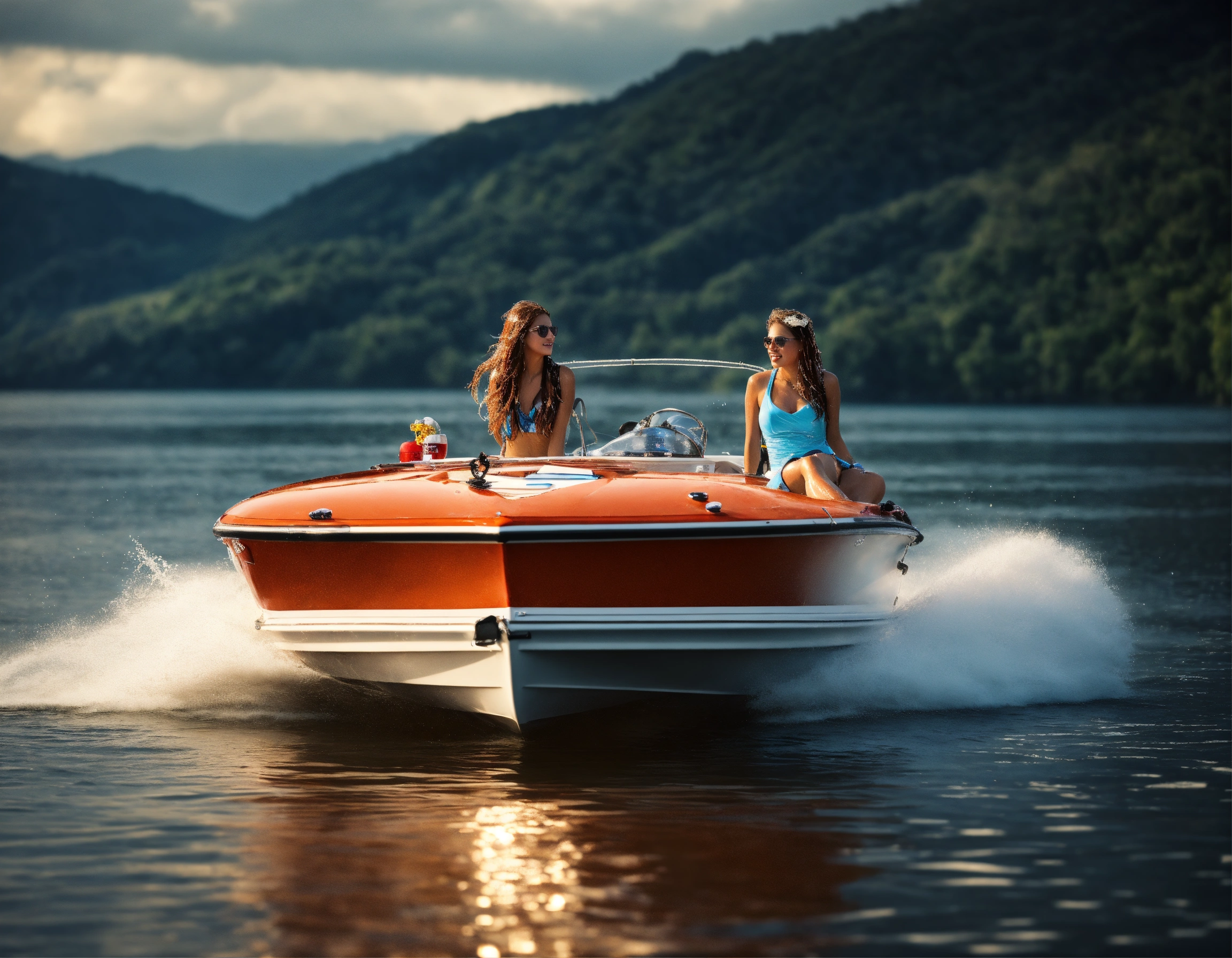 Lexica - Beautiful girls, speedboat, wet droplets, high detail, wide ...