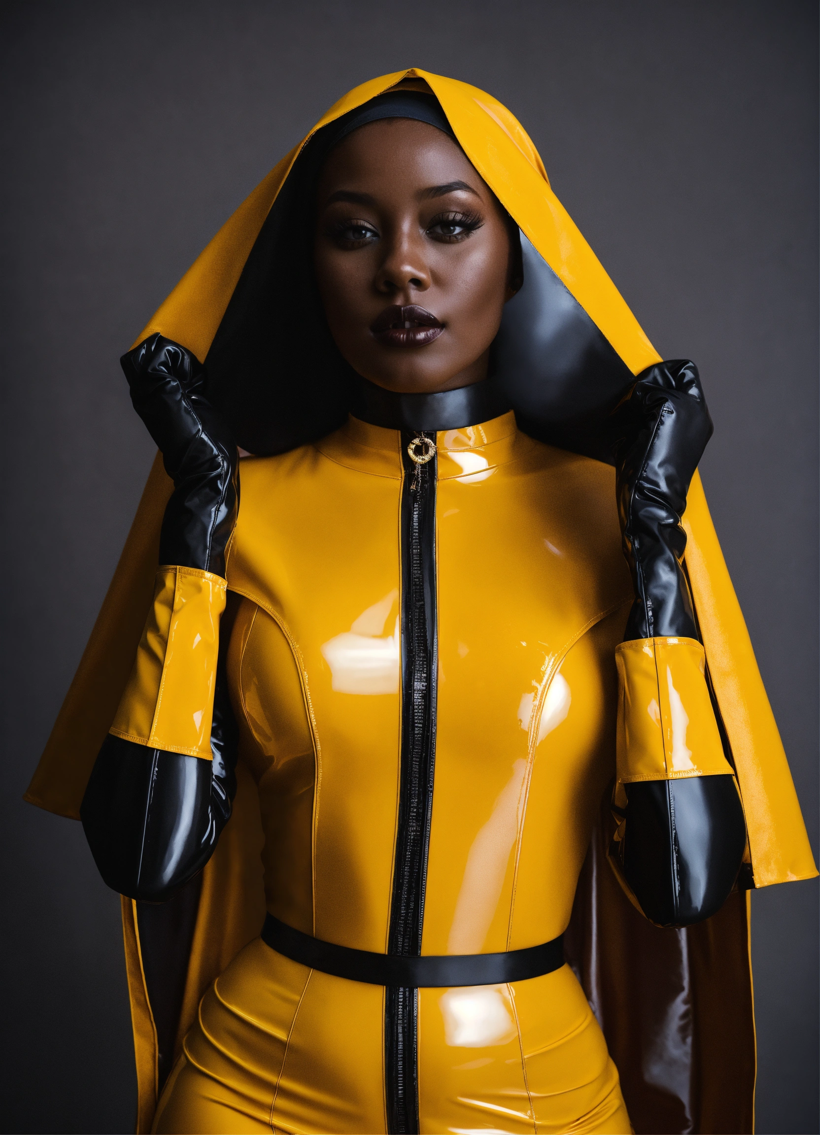 Lexica - Slim afro american woman cosplaying glossy rubber nun outfit