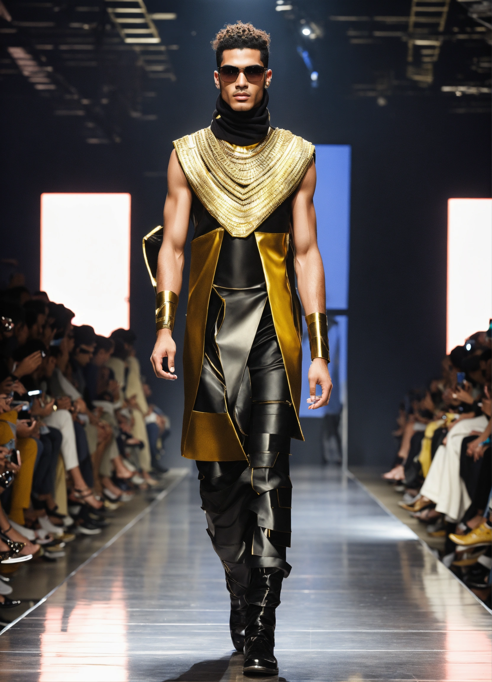 Lexica - Futuristic, modern Egyptian fashion on runway, men model