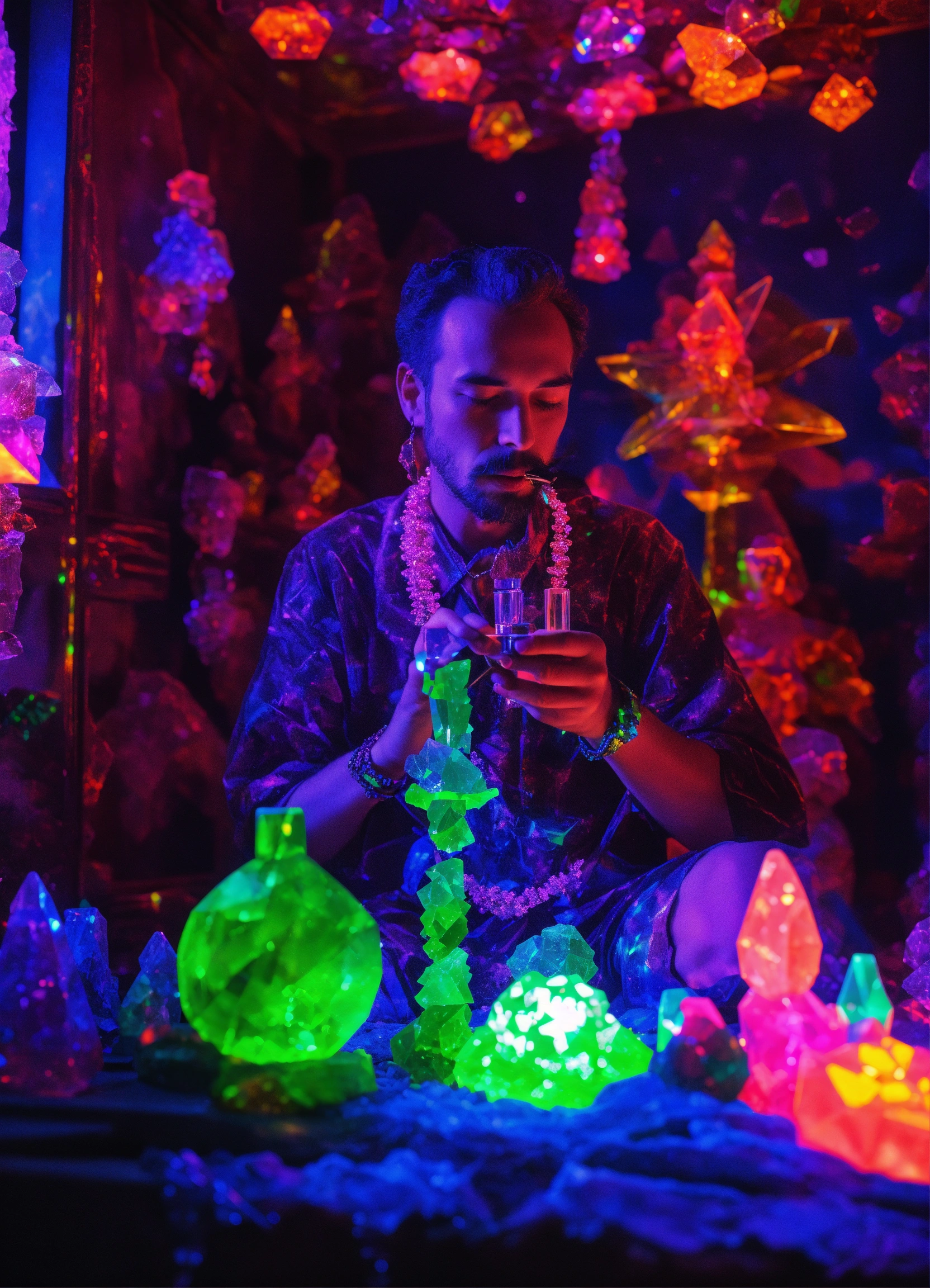 Lexica - A crystal man smoking crystals in a crystal pipe in a DMT ...