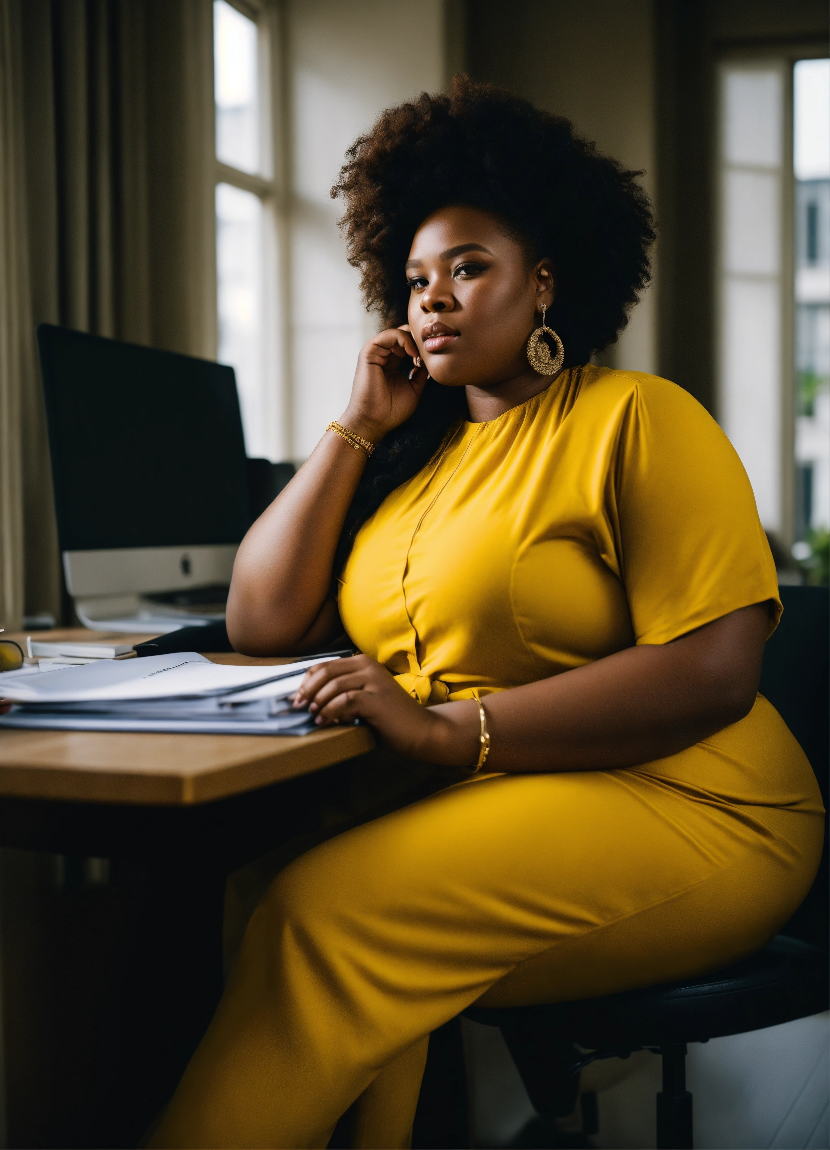 Lexica - Fashion Portrait of plus size black woman, sitting in office ...