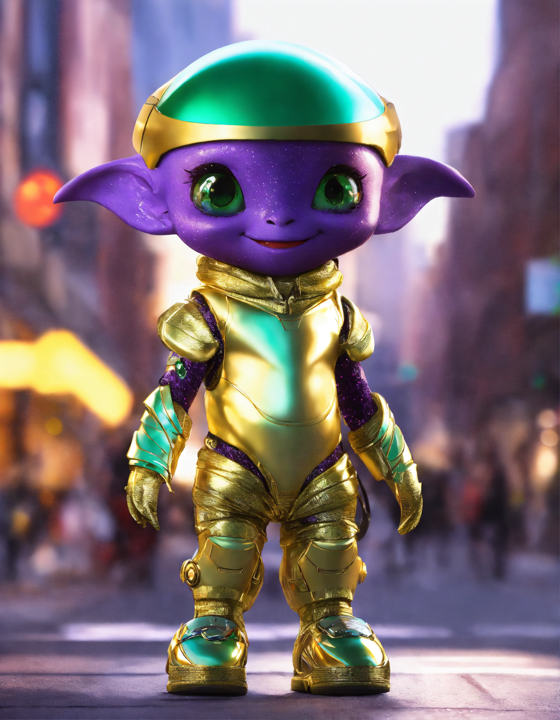 Lexica - Cute humanoid funny alien, smile, purple skin, golden outfit ...