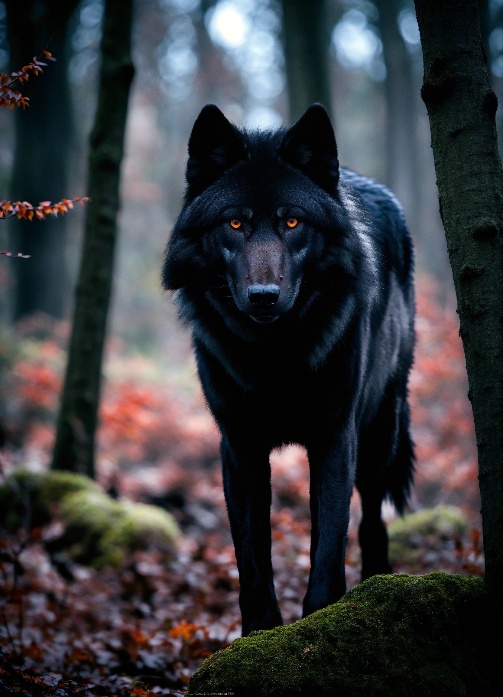 Lexica - Massive, black fur, wolf, in the woods, red eyes