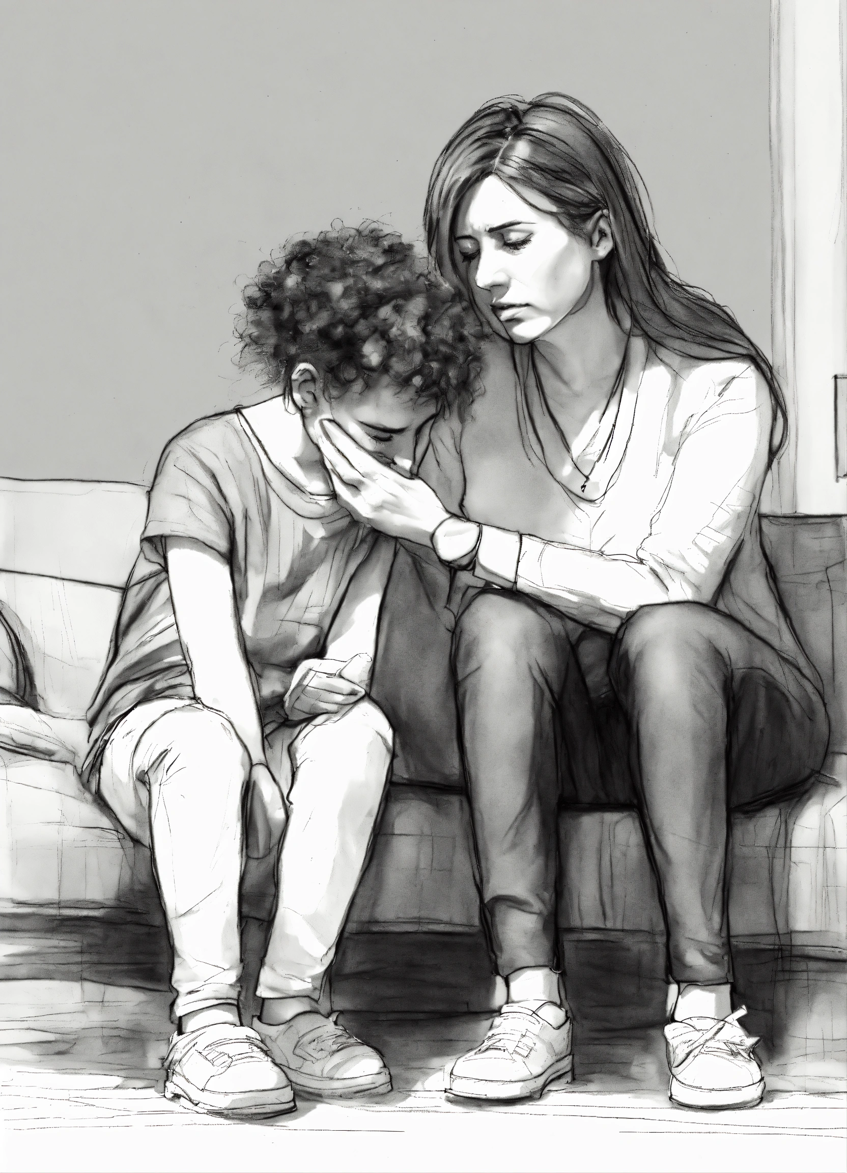 Lexica - Realistic sketch of a mum comforts another frustrated mum