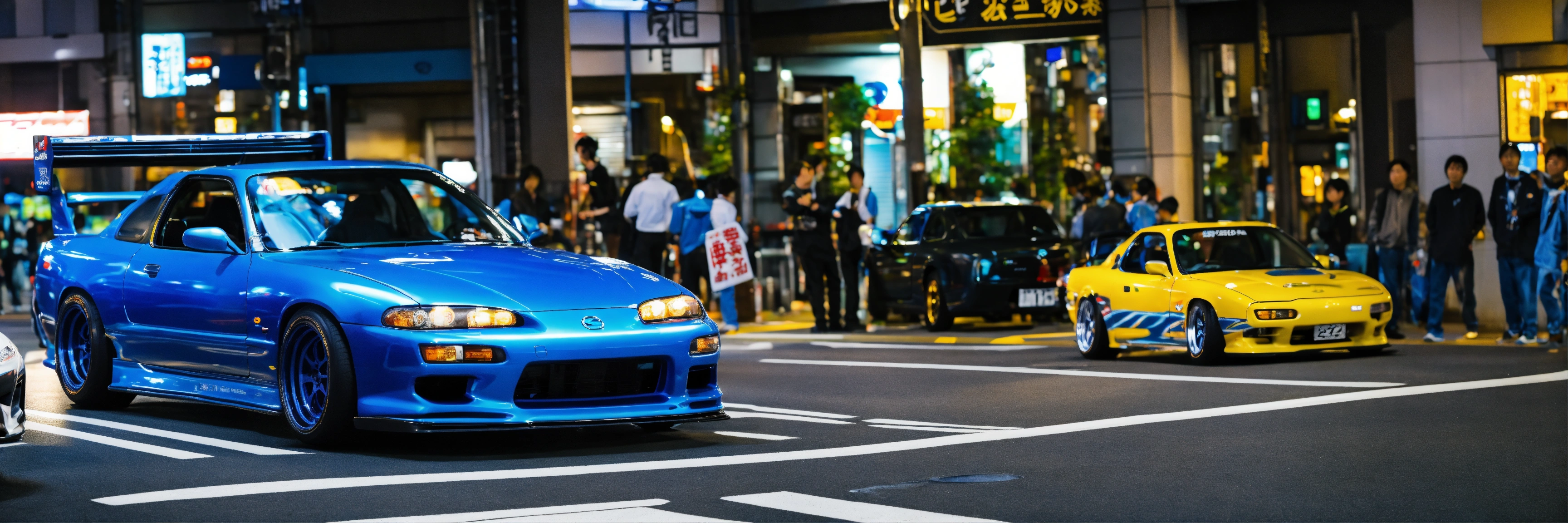 Lexica - A blue Nissan Silvia S15 street racing a Mazda RX7 in Tokyo.
