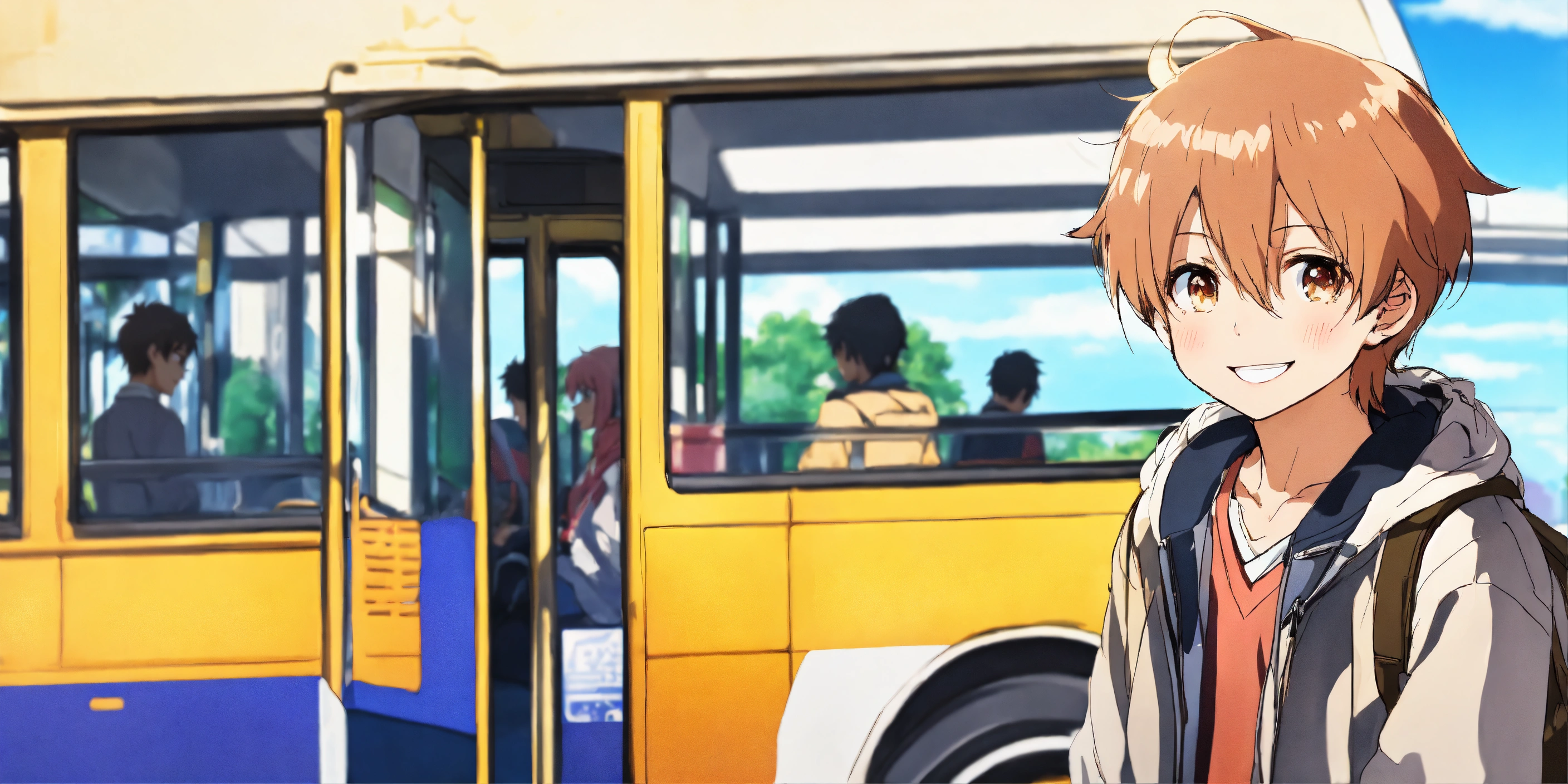 Lexica - A young guy looking at girl on a bus station sunny day in ...