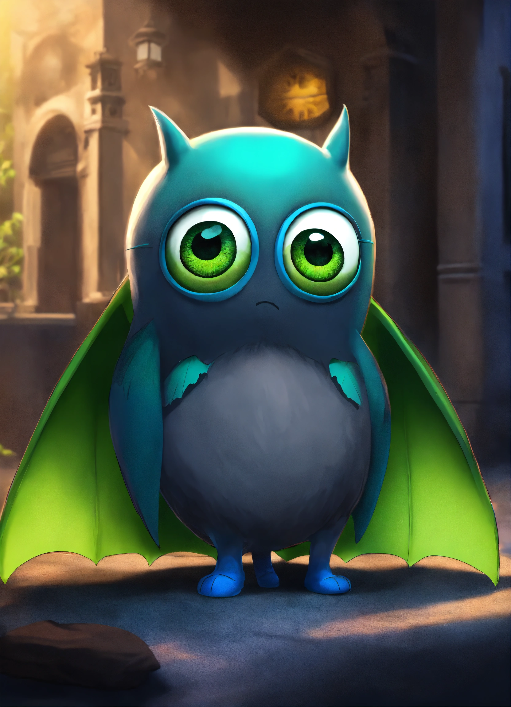 Lexica - A gray cartoon blob with one eye, bright green wings, and blue ...