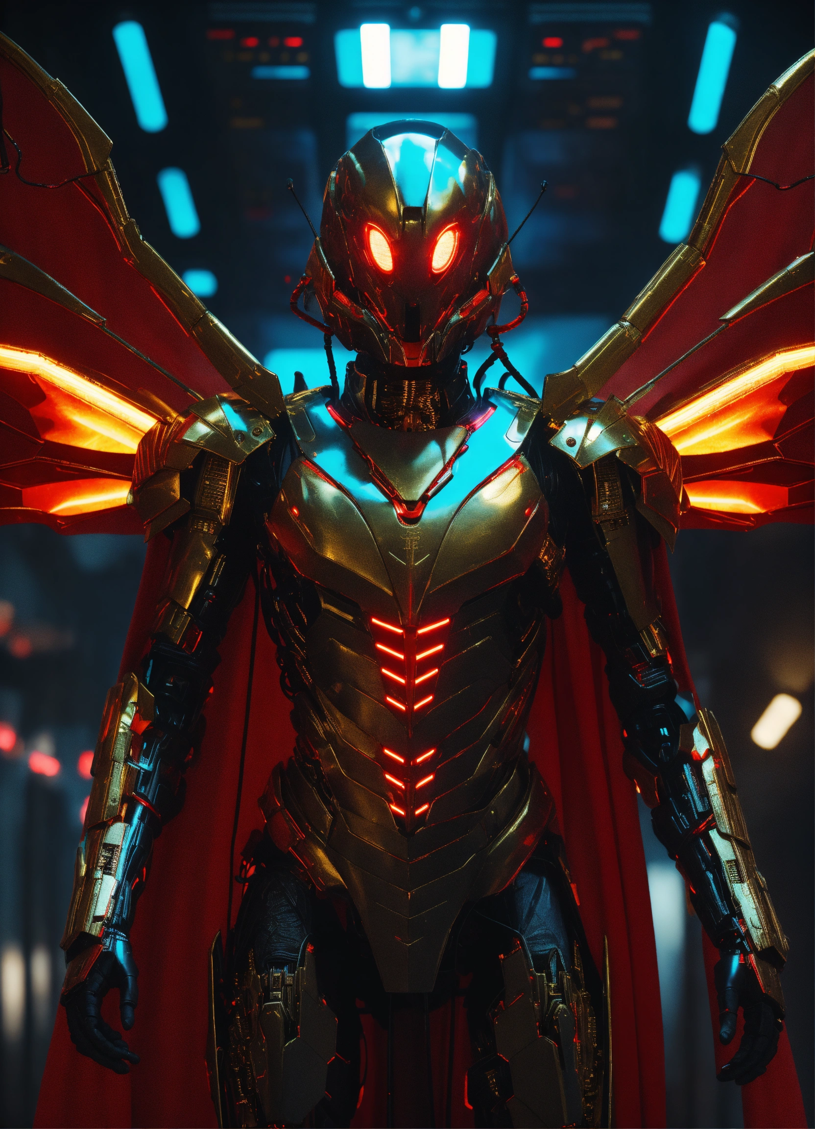 Lexica - Close up of black cockroach faced humanoid with red glowing ...