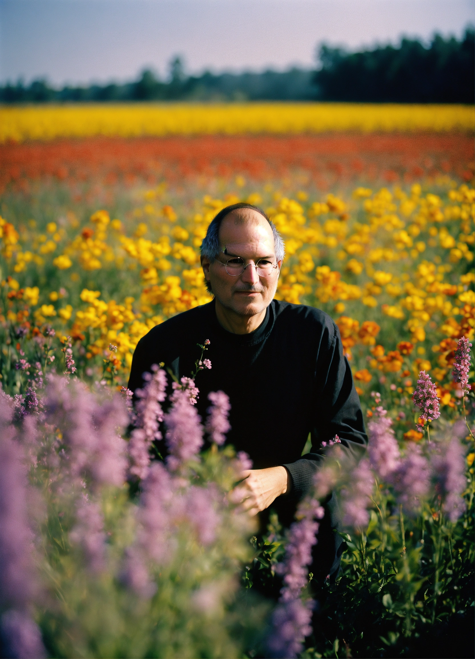 Lexica - Happy Steve Jobs standing in a beautiful field of flowers ...