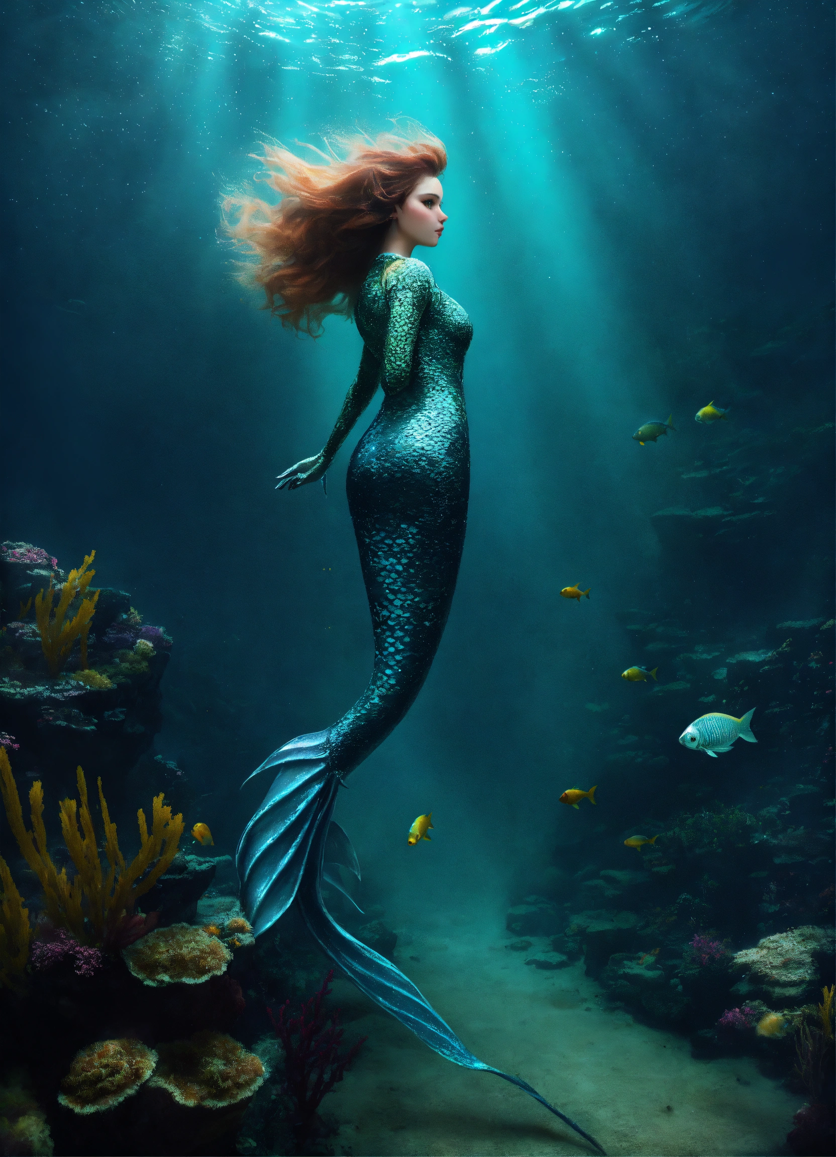 Lexica - A robot mermaid in the bottom of the sea, dark light , whit a ...
