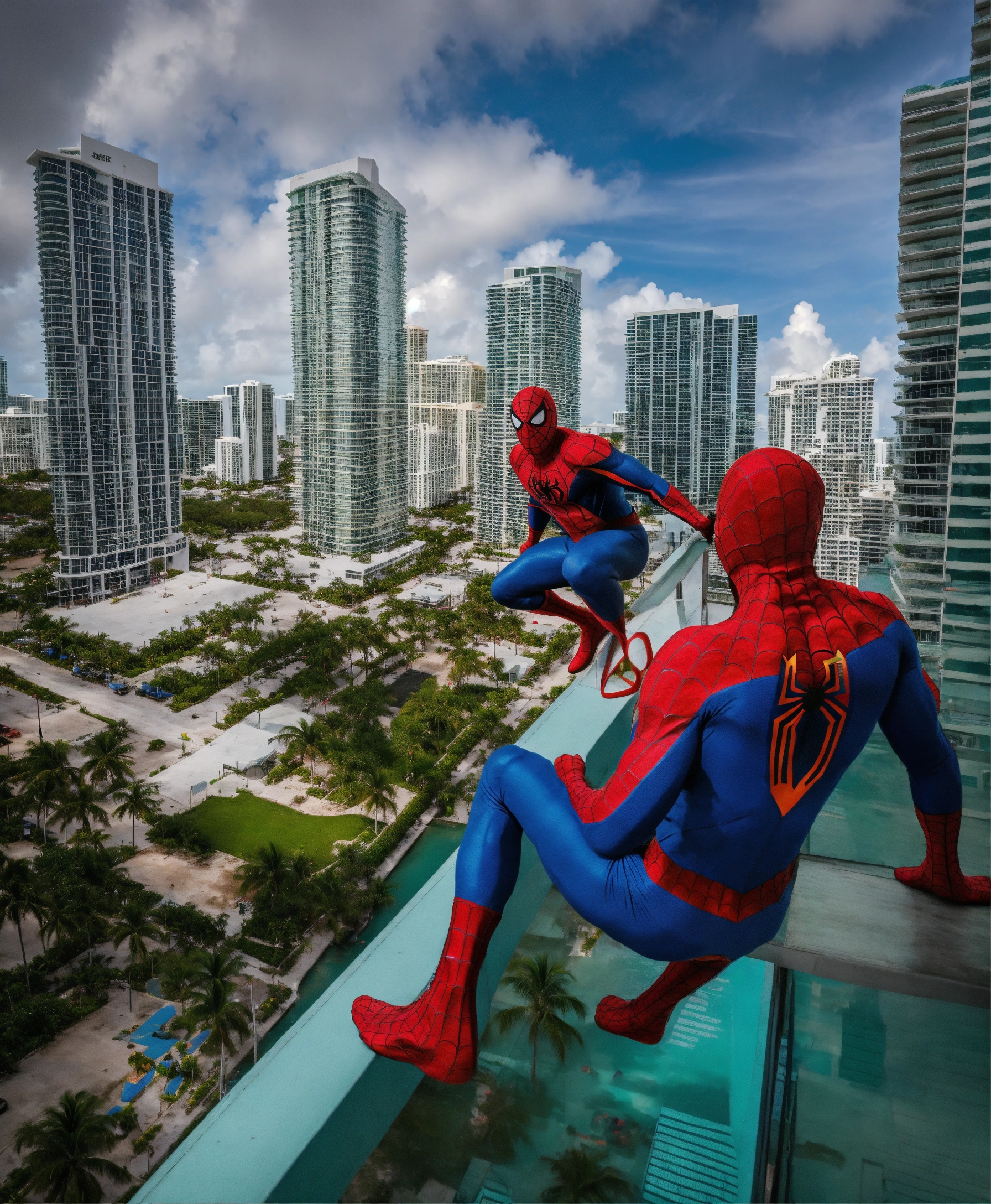 Lexica - Spiderman y superman cruzando un semaforo en Brickell, miami