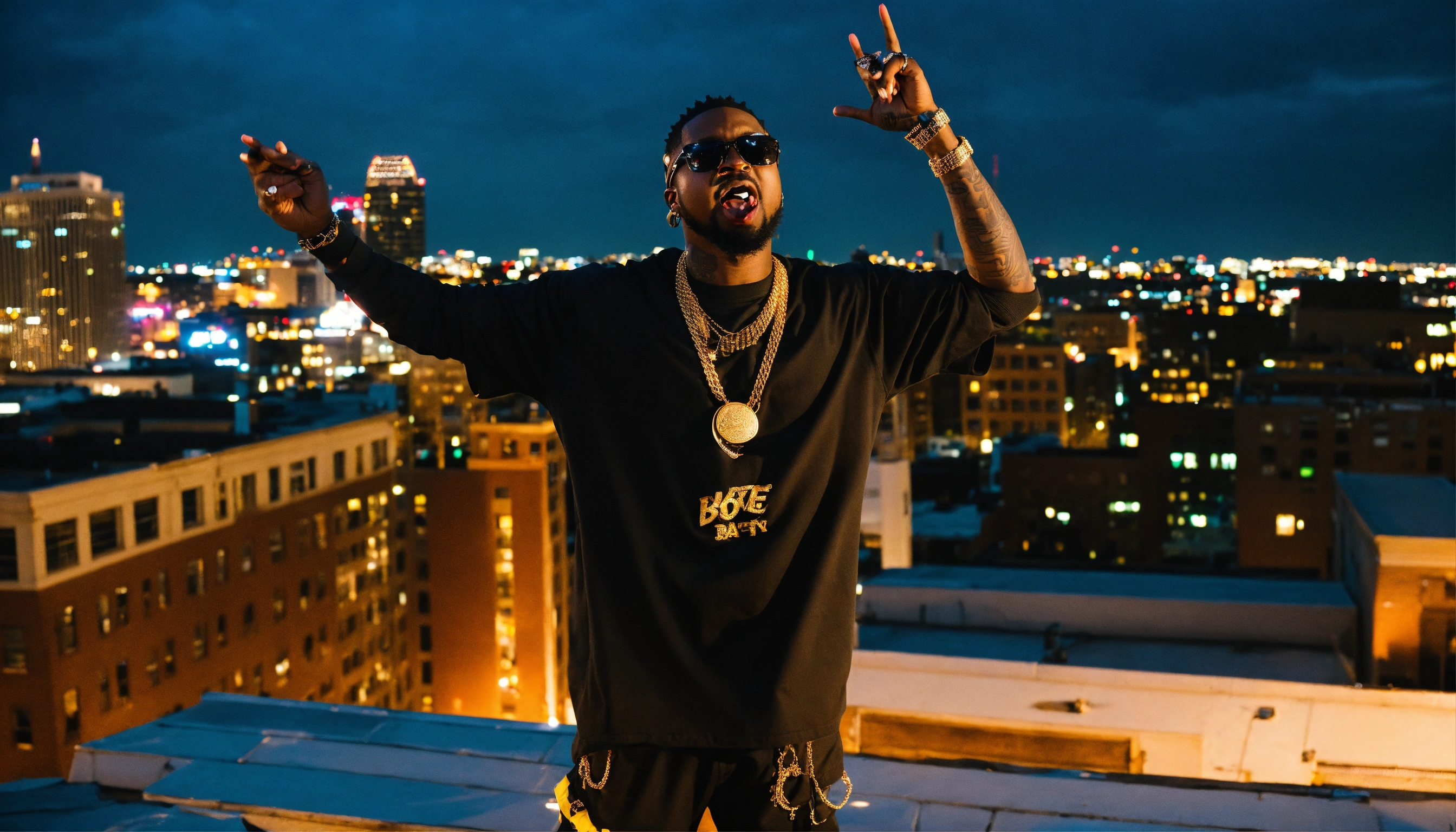 Lexica - Sky view Full body shot black battle rapper "Aye Verb ...