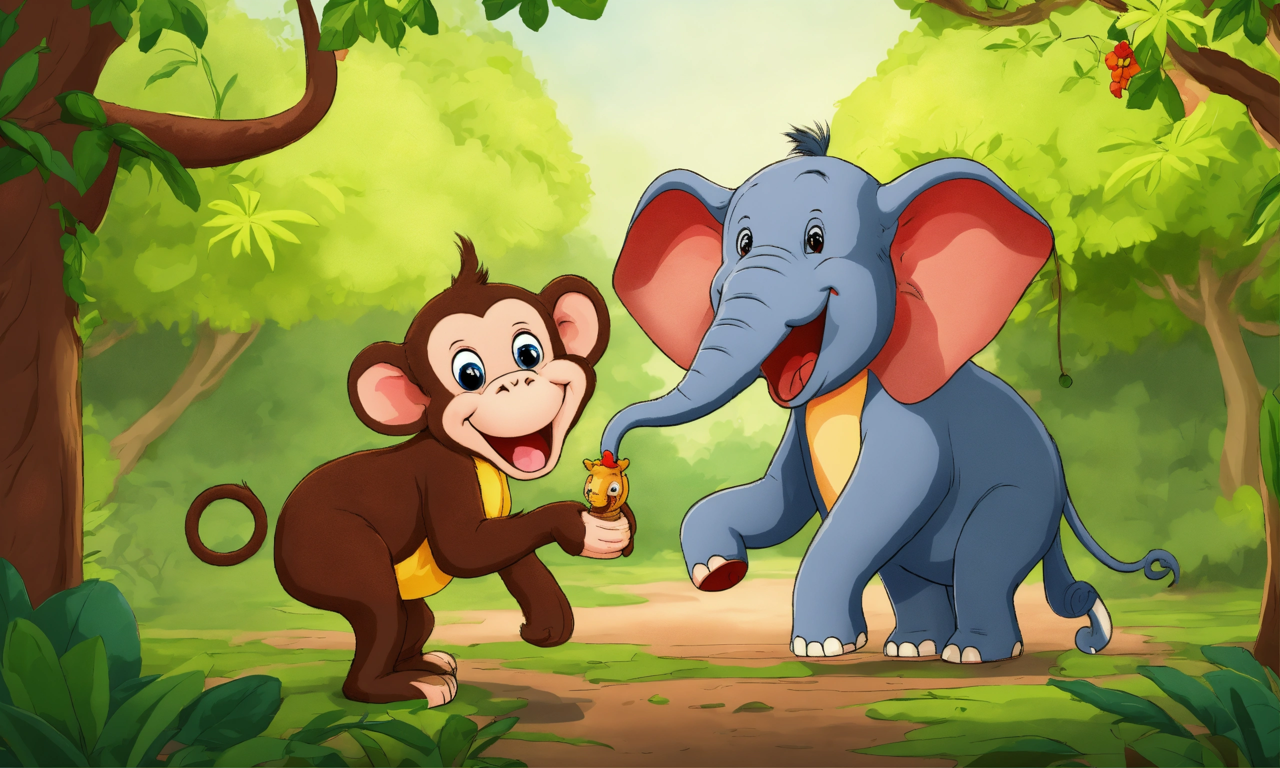 Lexica - Monkey and elephant laughter together cartoon