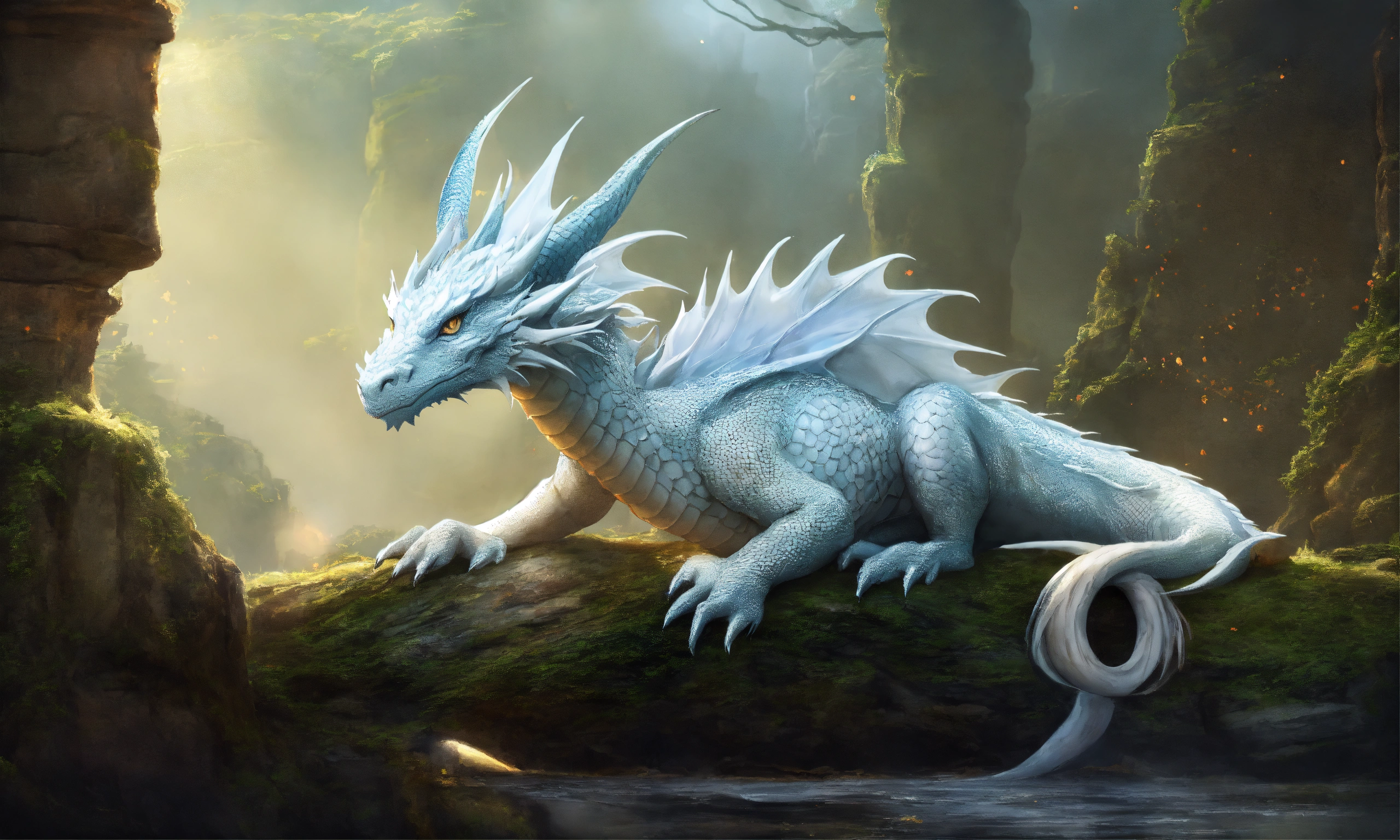 Lexica - Beautiful white female dragon rests with head facing straight ...