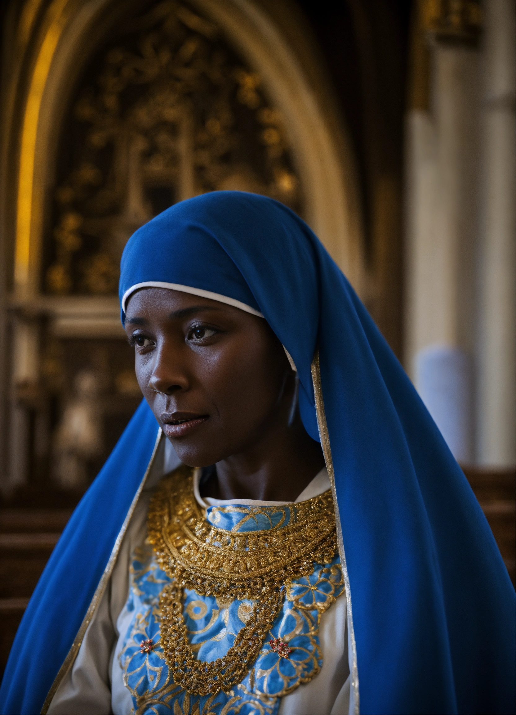 Lexica - VIrgin mary with black skin, blue cloath, calma expression, in ...