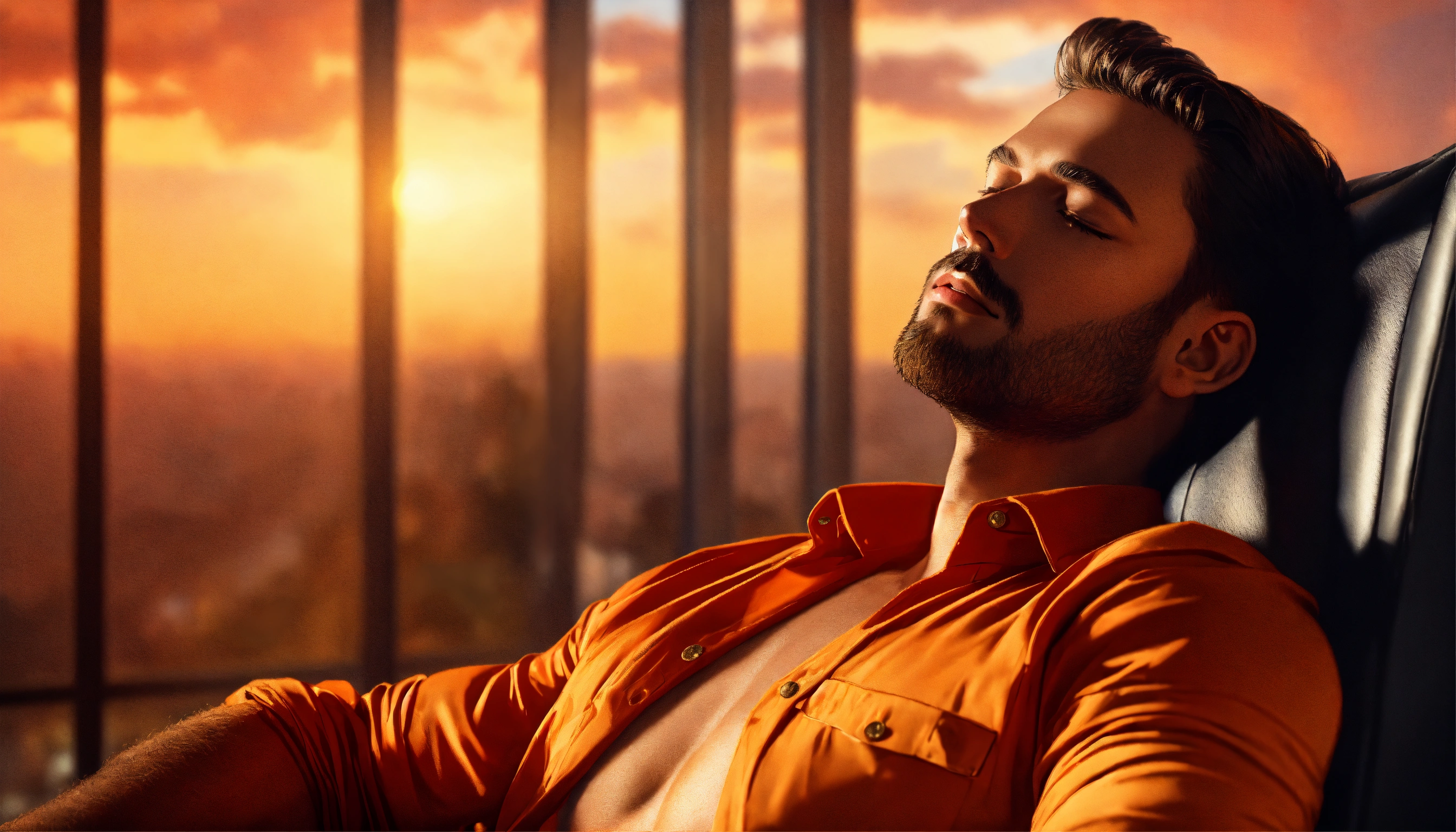 Lexica - A handsome man relaxing in a chair, shirt widely unbuttoned ...