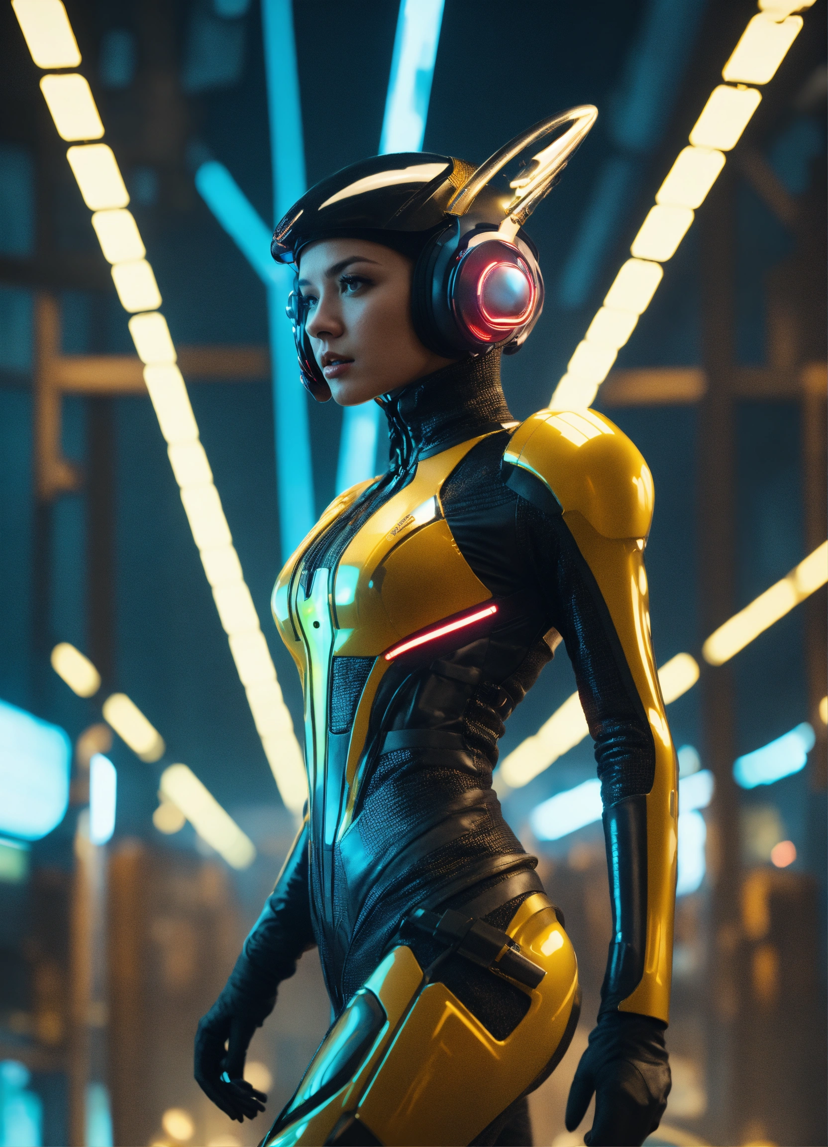 Lexica - Wide shot of a female super spy wearing a tight futuristic spy ...