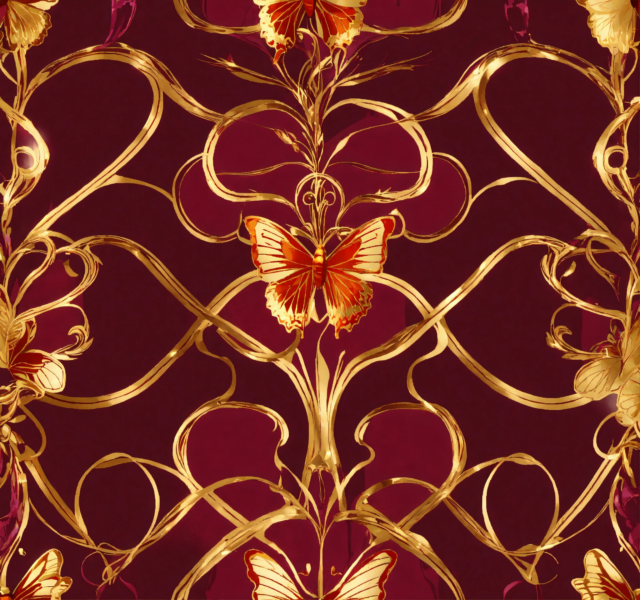 Lexica - Maroon, metalic, gold outlines, gold vines,seamless, butterfly