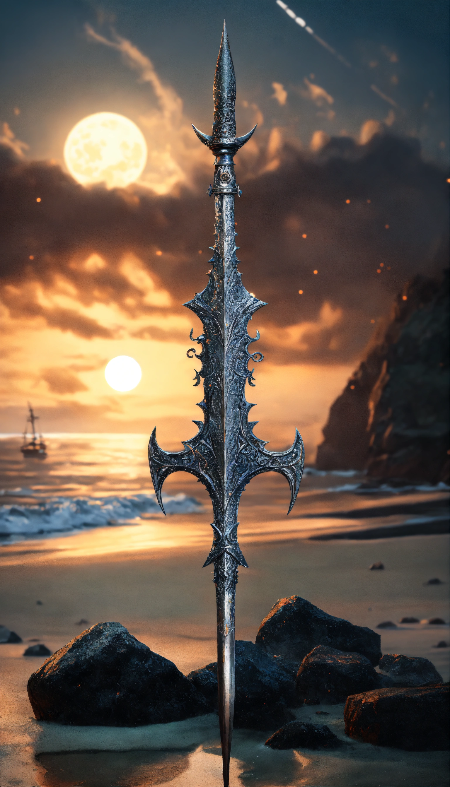Lexica - 8k, picture of a very long gezackte harpoon with barbs made of ...