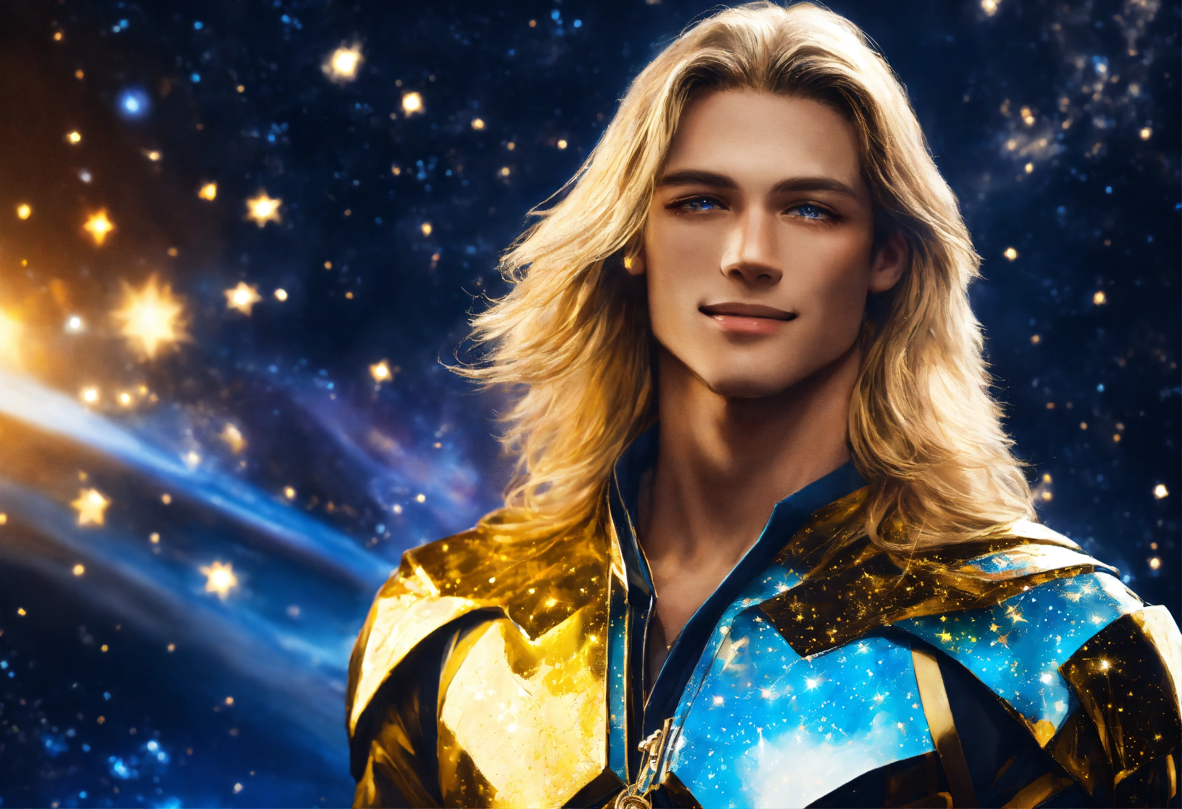 Lexica - Beautiful faces cosmic men long blond hair, smiling, blue and ...