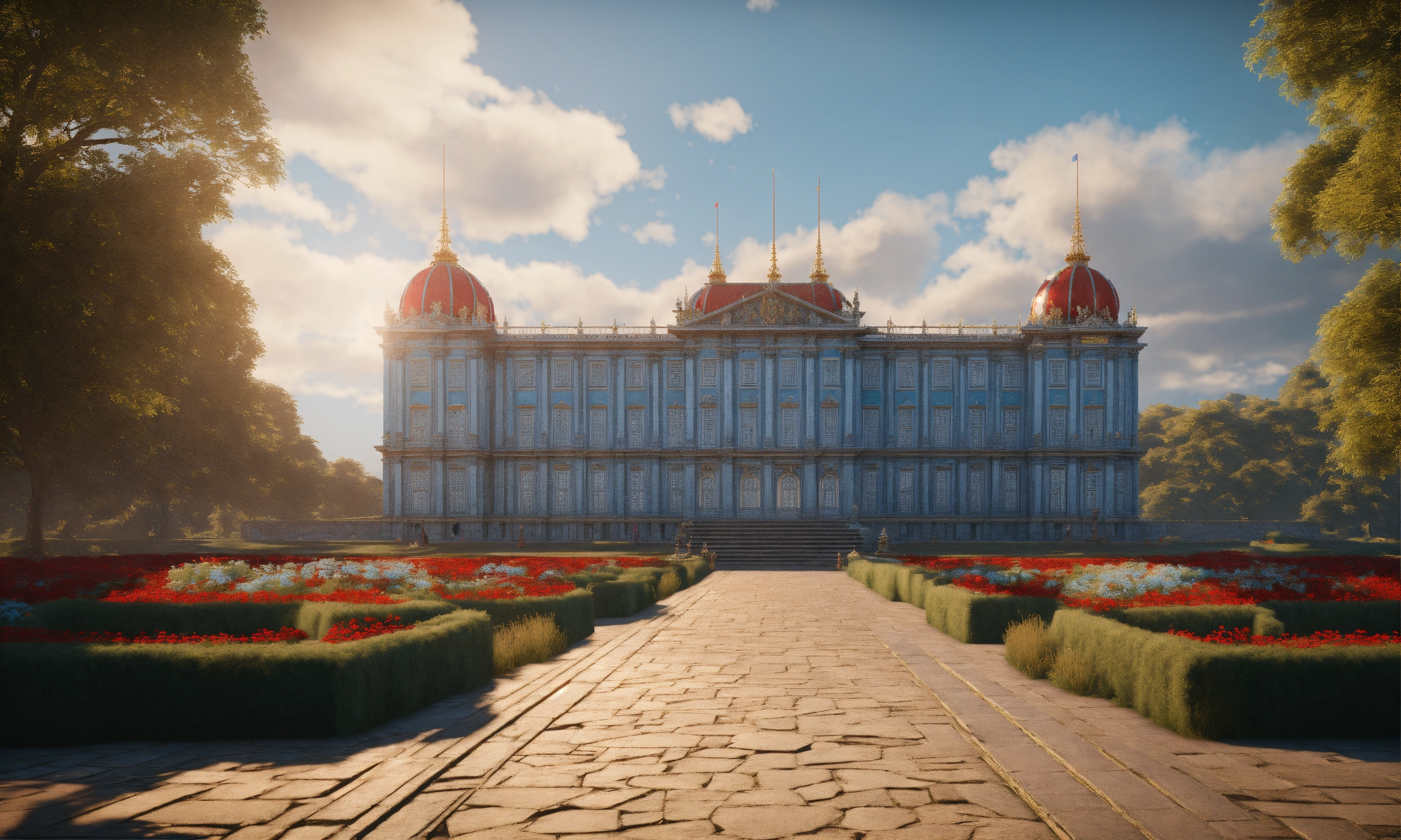 Lexica - Full image of a massive royal palace with light blue and red ...