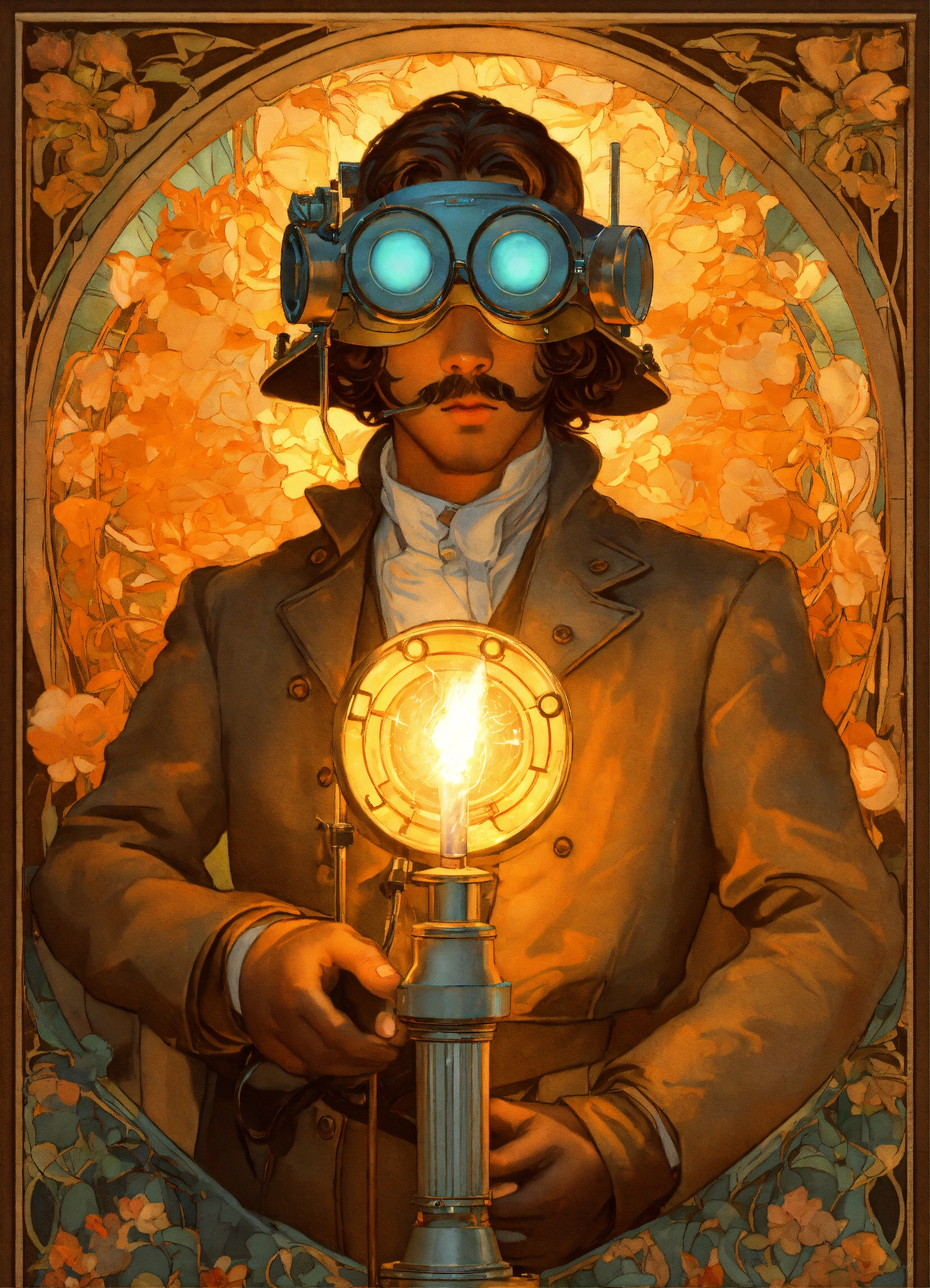 Lexica - Art nouveau, TIG Welder, holding welding torch, eye goggles ...