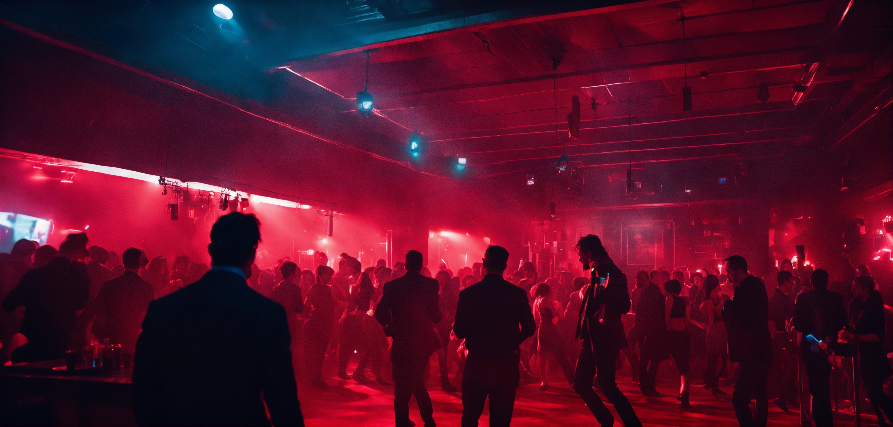 Lexica - Cinematic look, backlit, heavy haze, dark urban night club pub ...