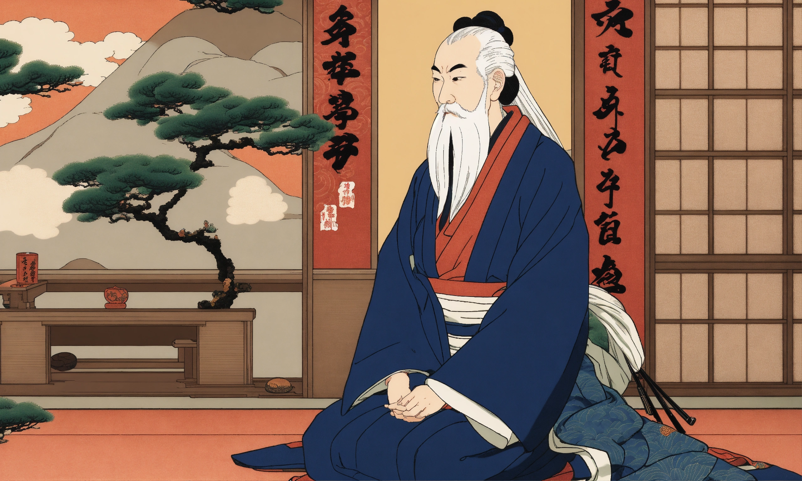 Lexica - Zen master with white beard, ukiyo-e style