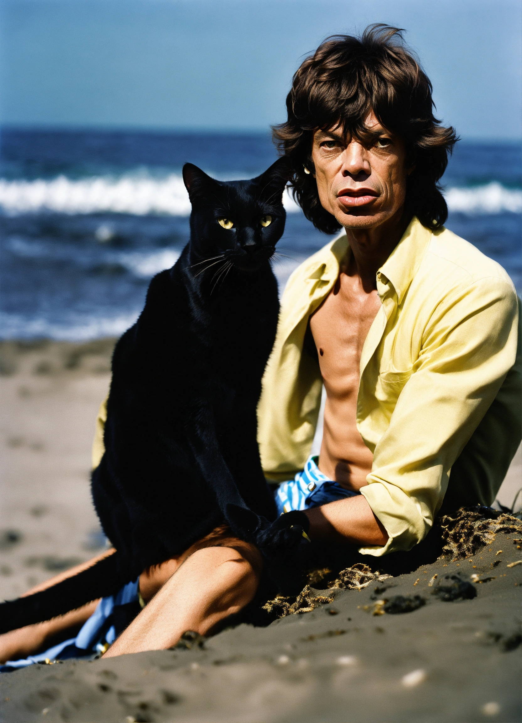 Lexica - Mick Jagger on the beach with black cat