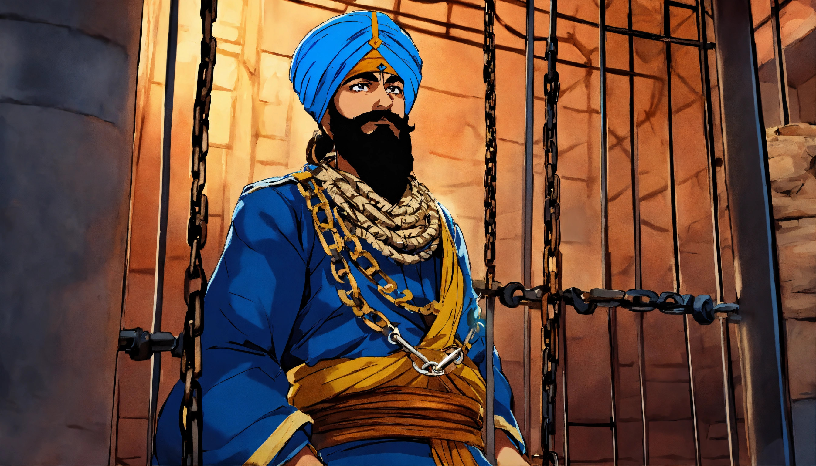 Lexica - A anime style picture of imprisoned sikh guru banda bahadur in ...
