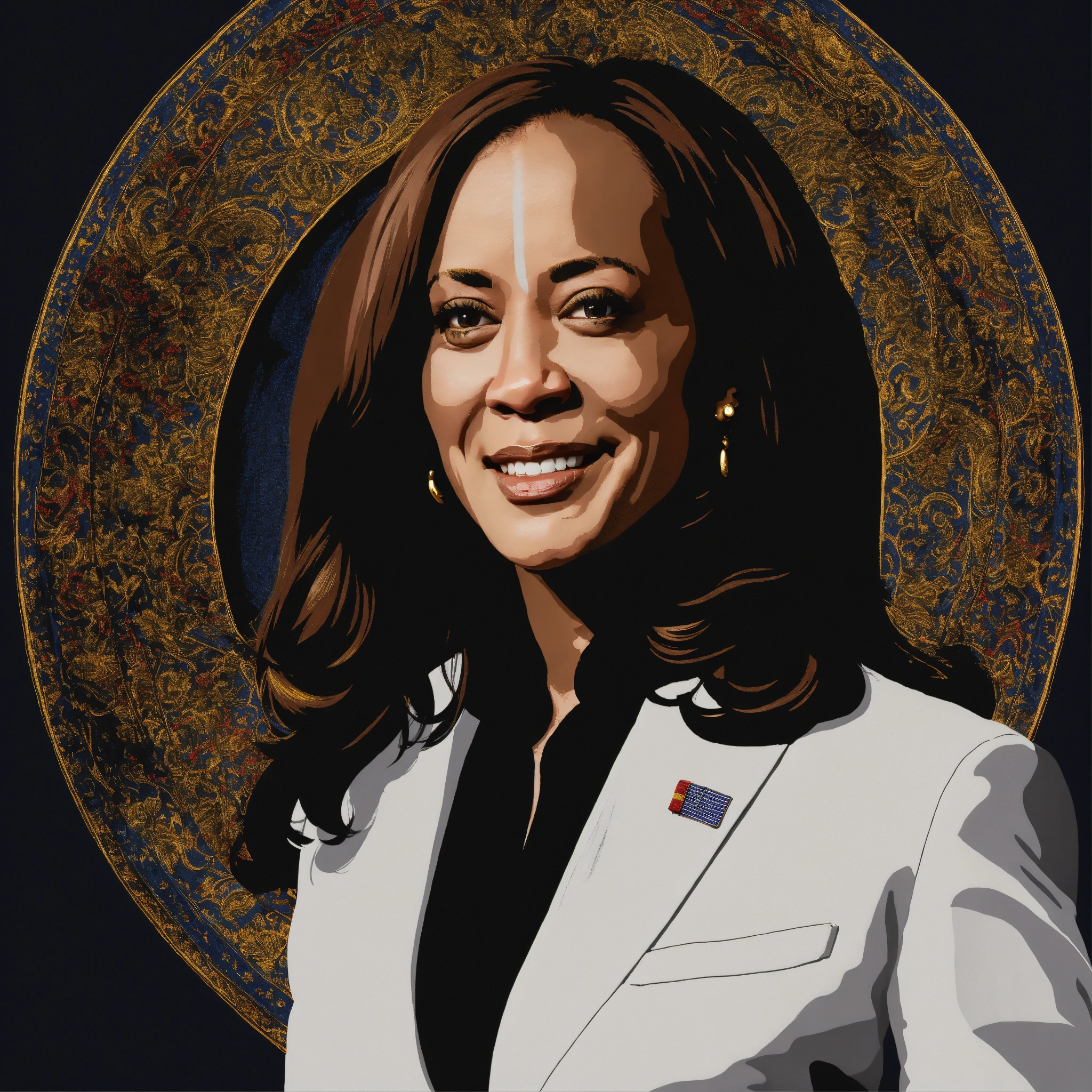 Lexica - Create a portrait of Kamala Harris on a black background.