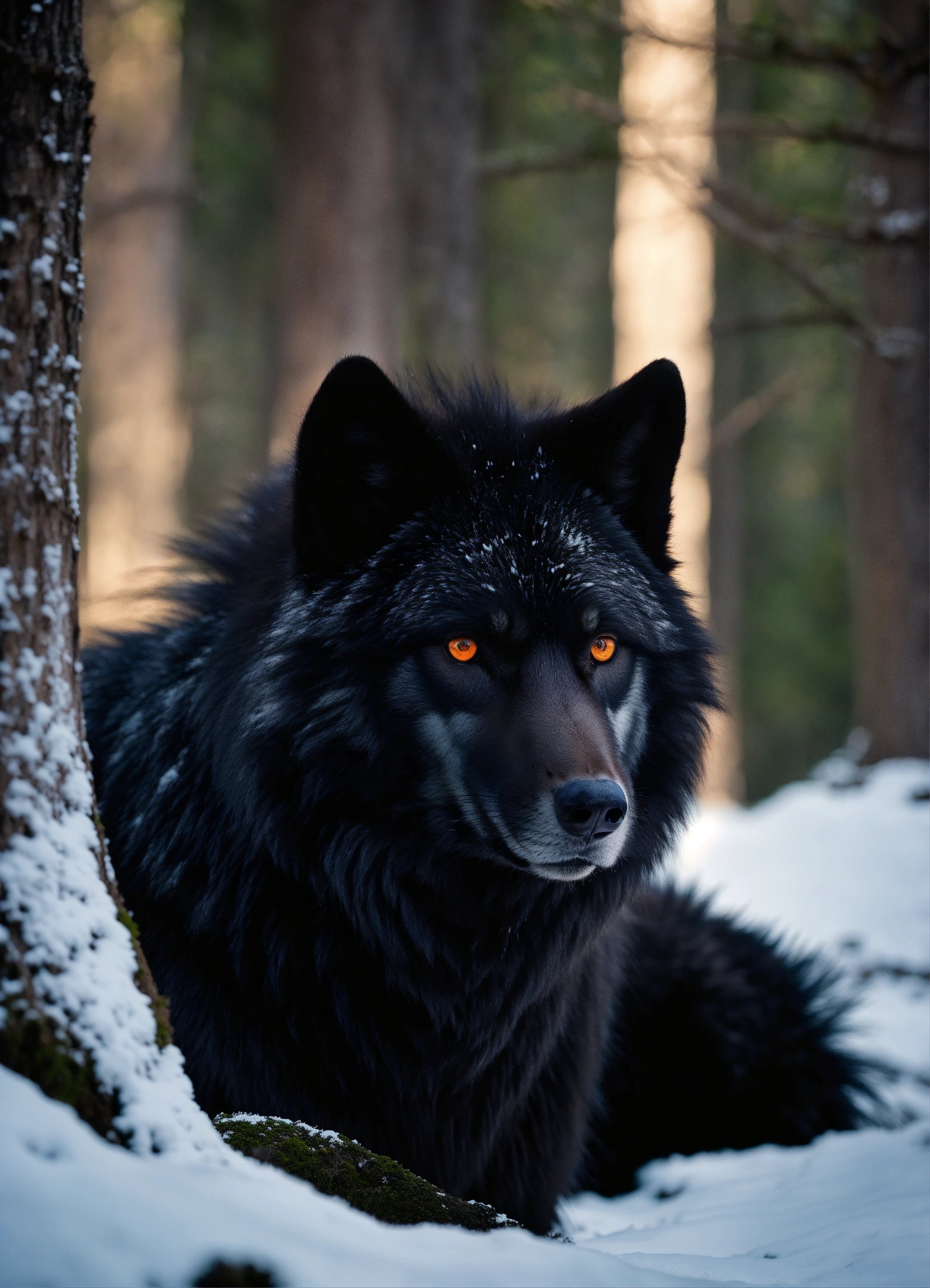 Lexica - Massive, black fur, wolf, in the woods, red eyes, up close