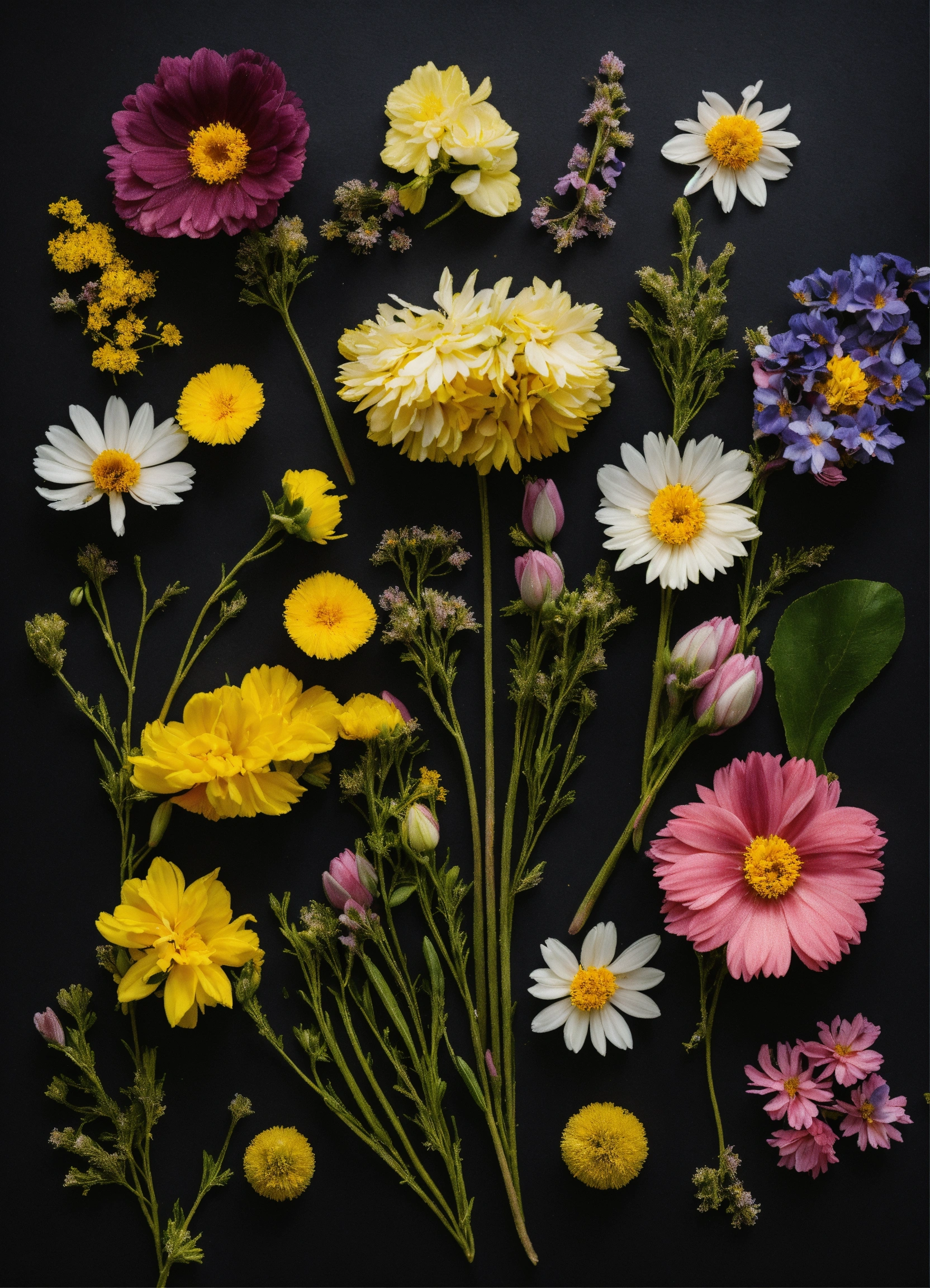 Lexica - Floral pressed flowers spring black background morning