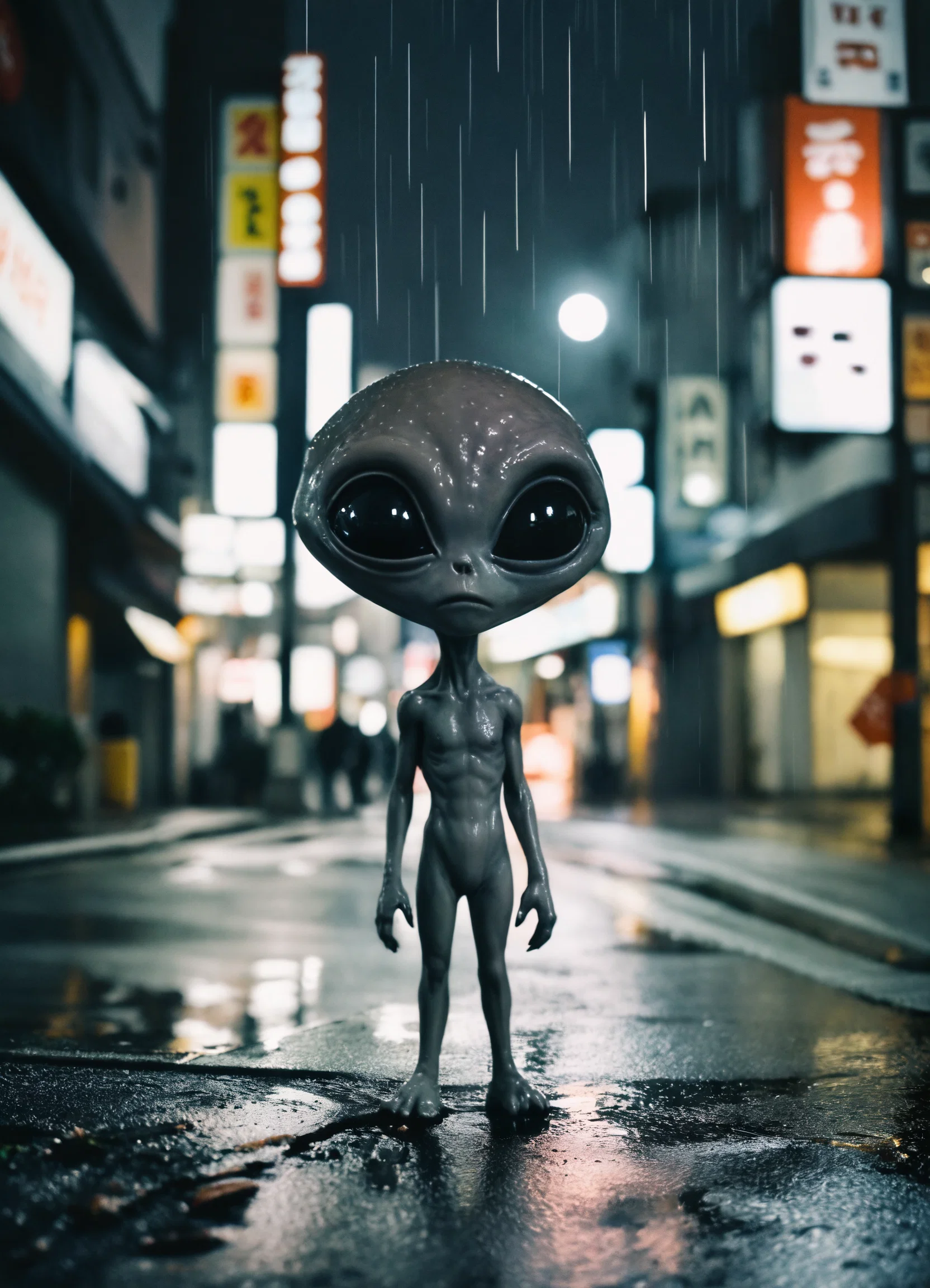 Lexica - Very cute, realistic grey alien standing in the street of ...